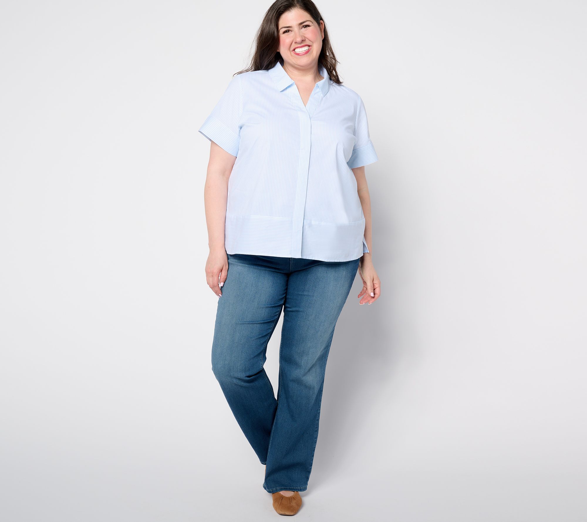 "As Is" Denim & Co. Poplin Yarn Dye Short Sleeve Striped Shirt - QVC.com