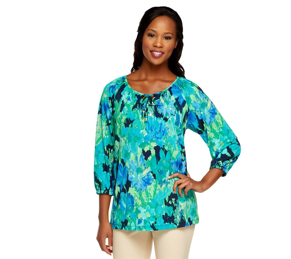 Susan Graver Liquid Knit 3/4 Sleeve Printed Peasant Top - QVC.com