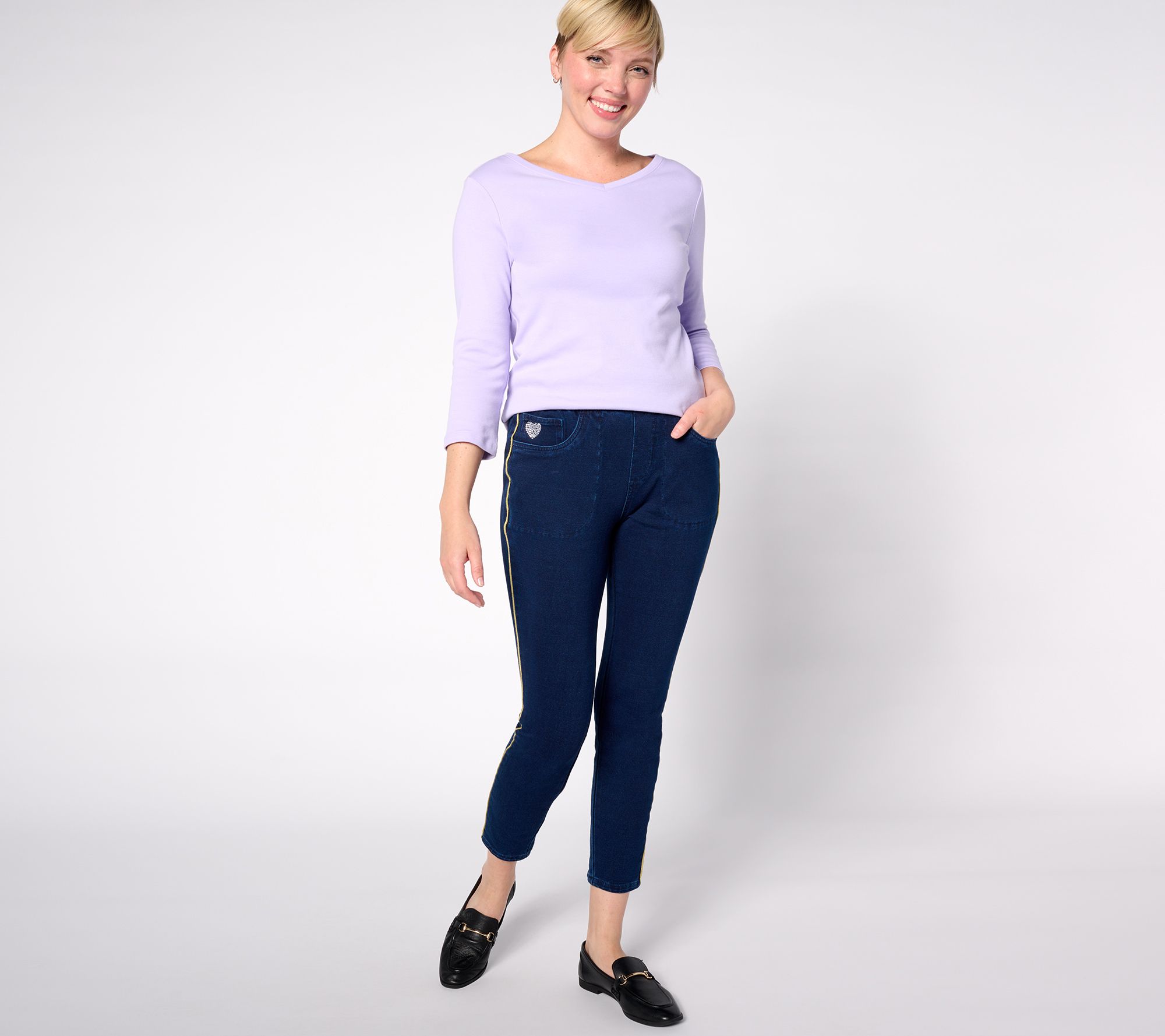 Quacker Factory DreamJeannes Short Legging with Metallic Piping - QVC.com
