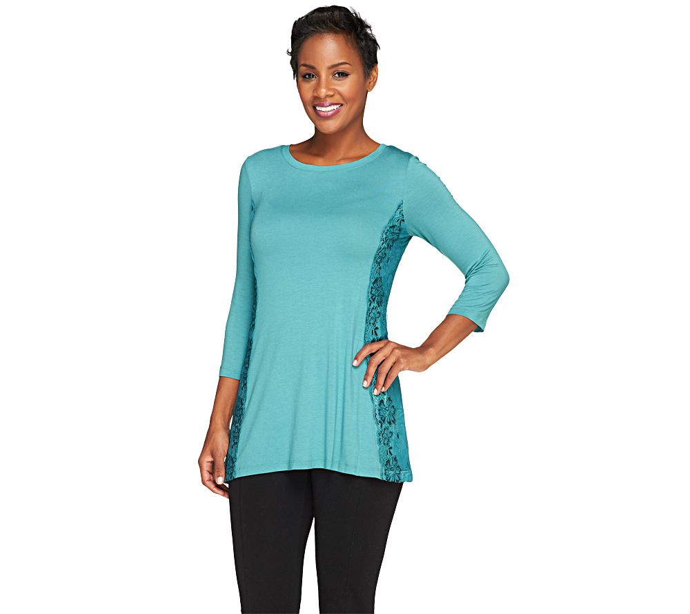 "As Is" LOGO by Lori Goldstein 3/4 Sleeve Knit Top w/Lace Details - QVC.com
