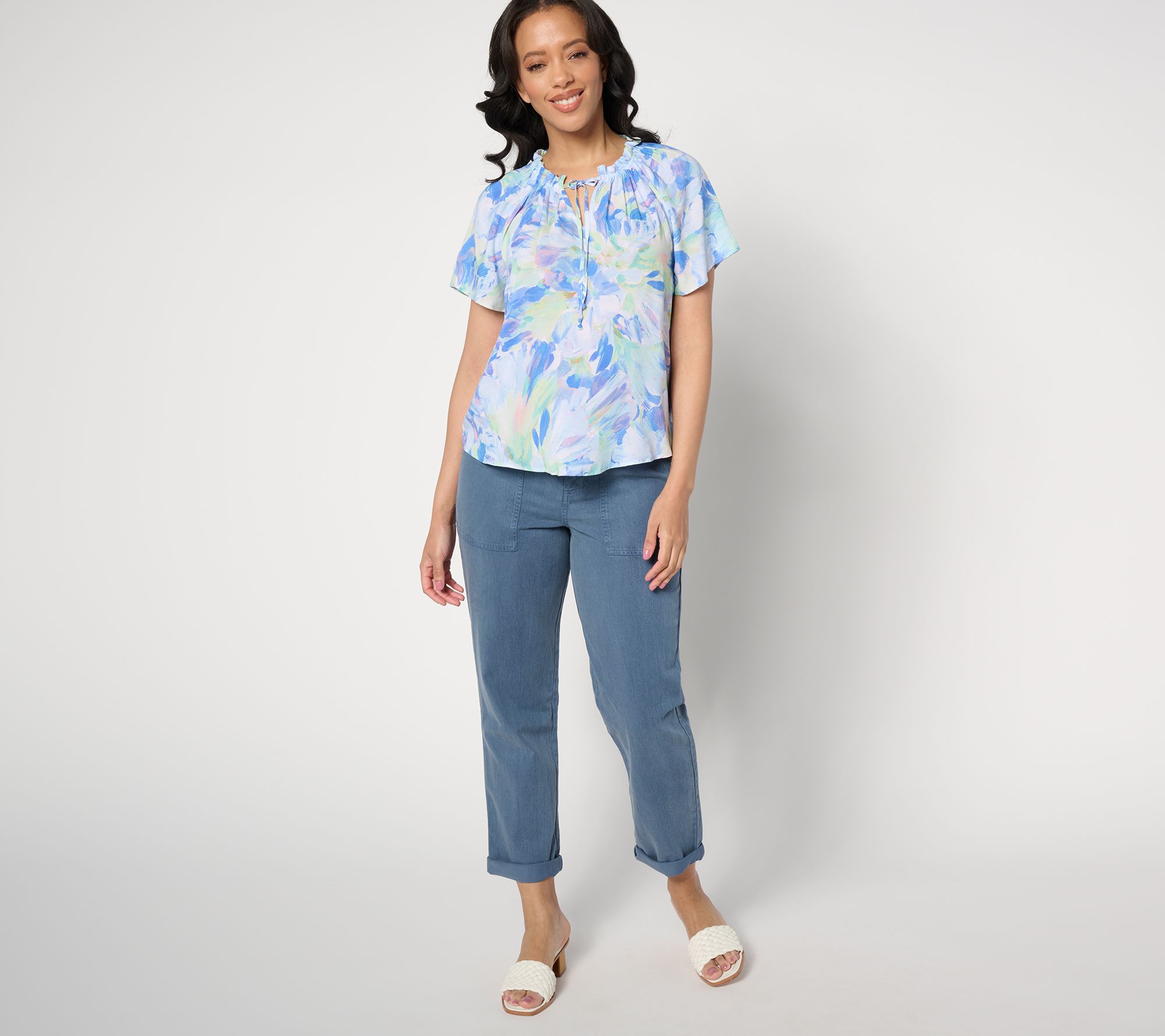 "As Is" Side Stitch Ruffle Neck and Sleeve Top- Aqua Bloom - QVC.com