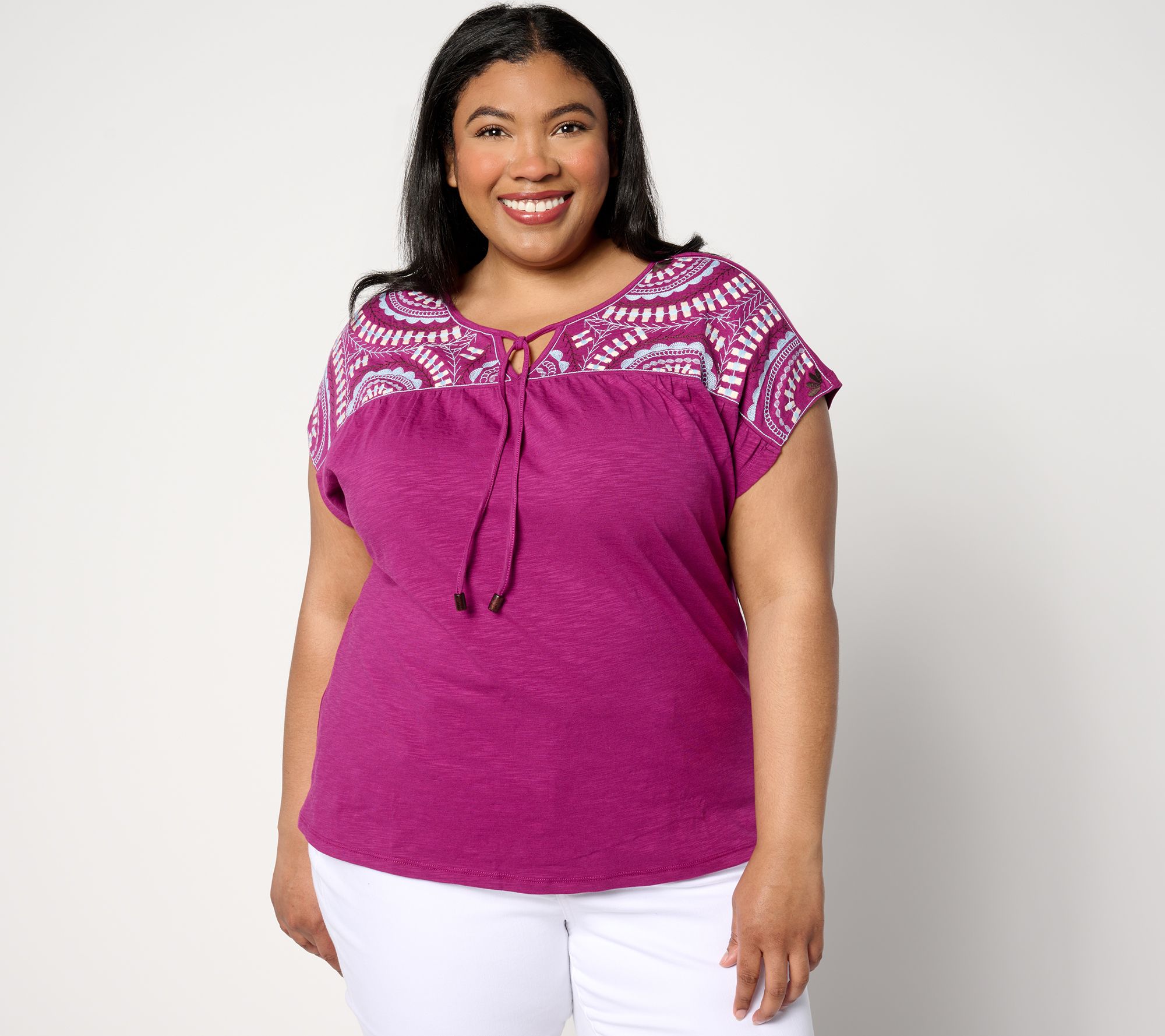 "As Is" Denim & Co. Textured Knit Dolman Sleeve Embroidered Top - QVC.com