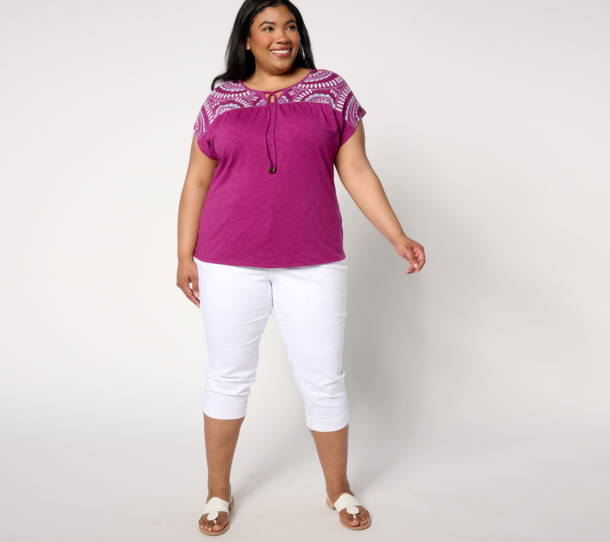 "As Is" Denim & Co. Textured Knit Dolman Sleeve Embroidered Top - QVC.com