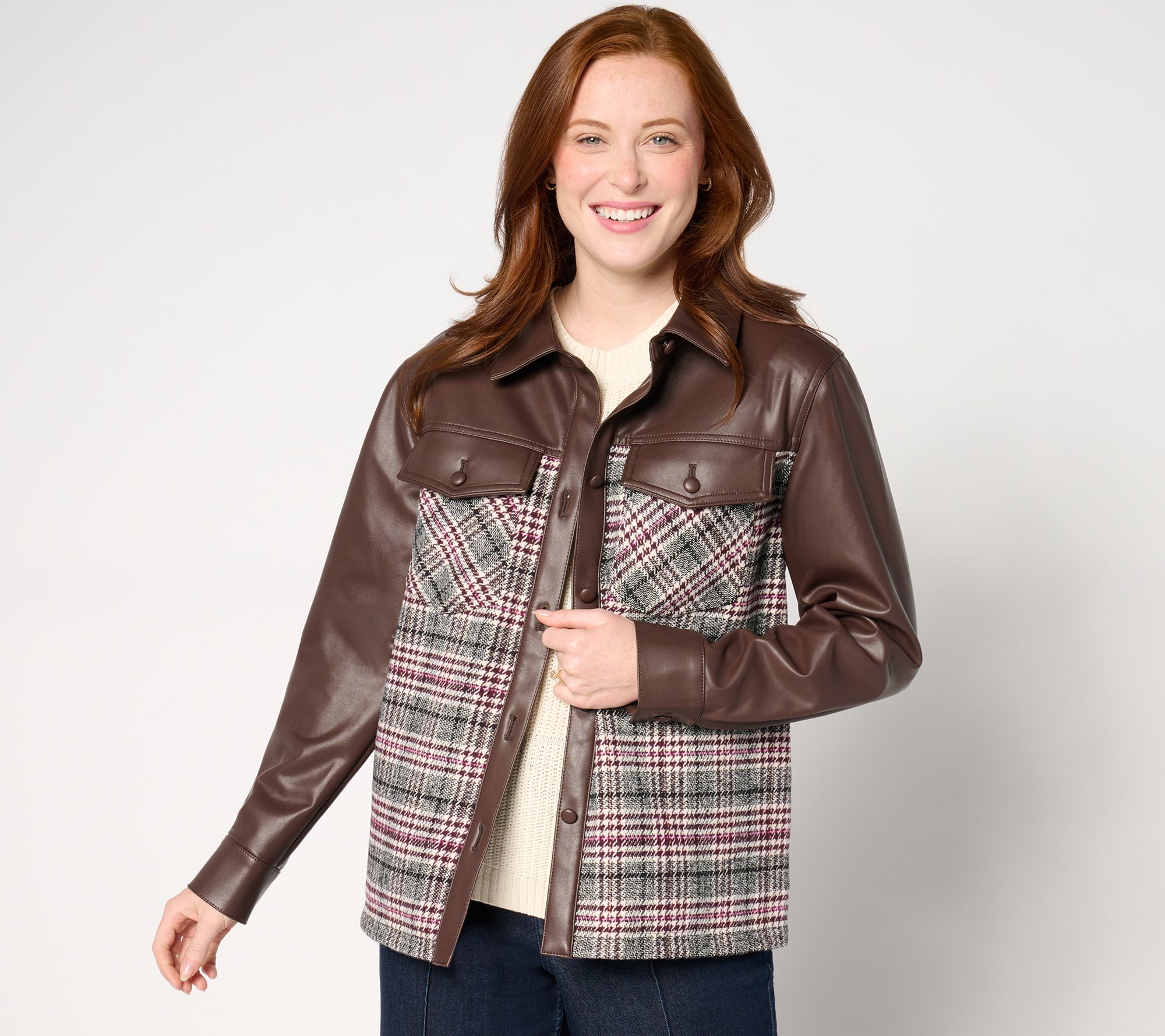 "As Is" Belle by Kim Gravel Faux Leather and Boucle Tweed Shacket - QVC.com