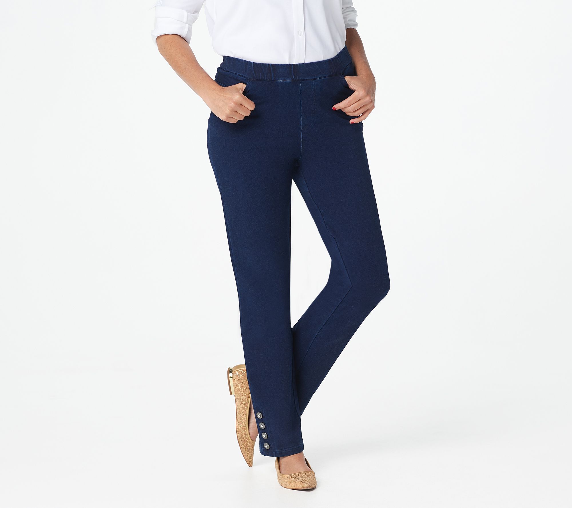 "As Is" Denim & Co. Comfy Knit Slim Leg Jeans with Bling Buttons - QVC.com