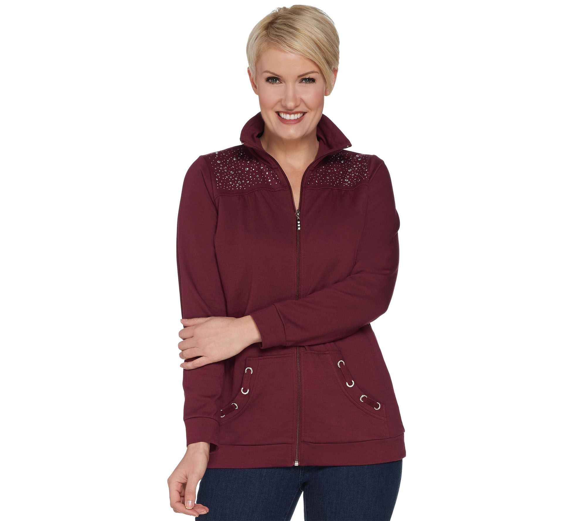 "As Is" Quacker Factory Zip Front Rhinestone Jacket - QVC.com