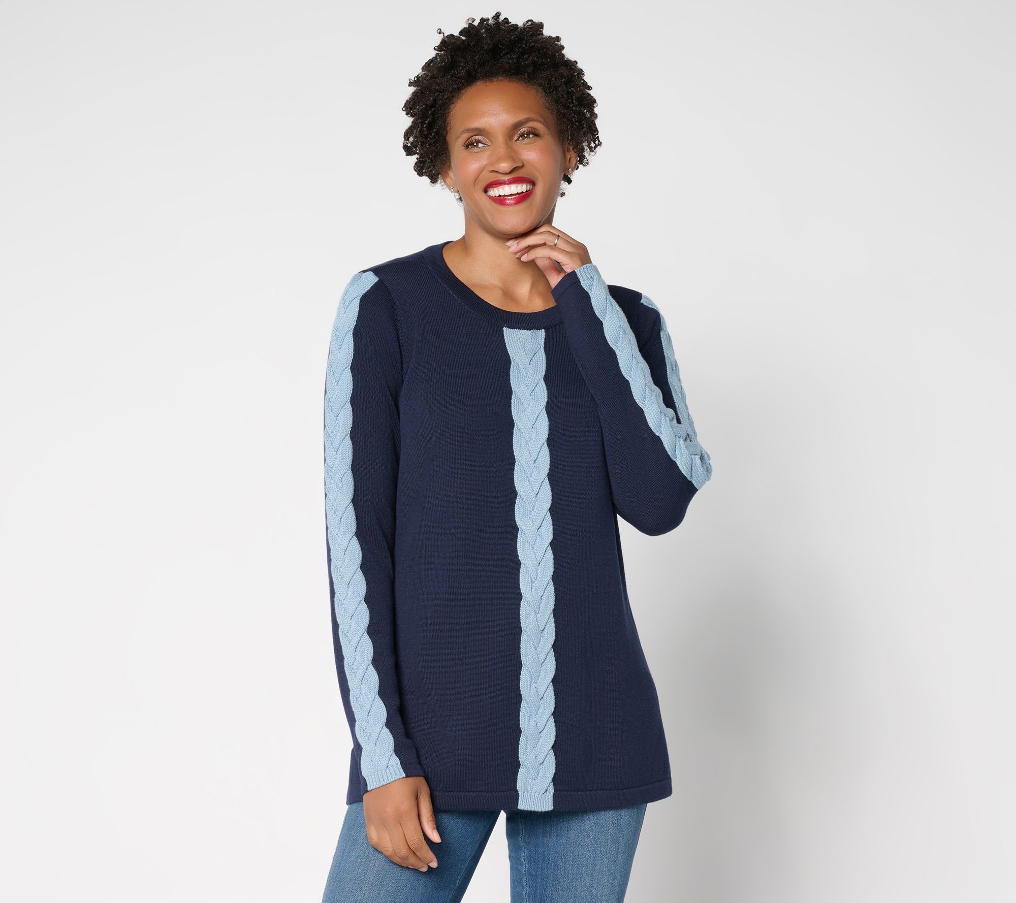 Belle by Kim Gravel Solo Cable Contrast Trim Sweater - QVC.com