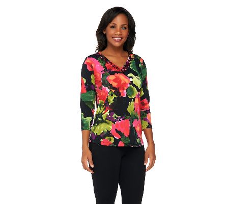 Susan Graver Printed Liquid Knit Embellished V Neck Top