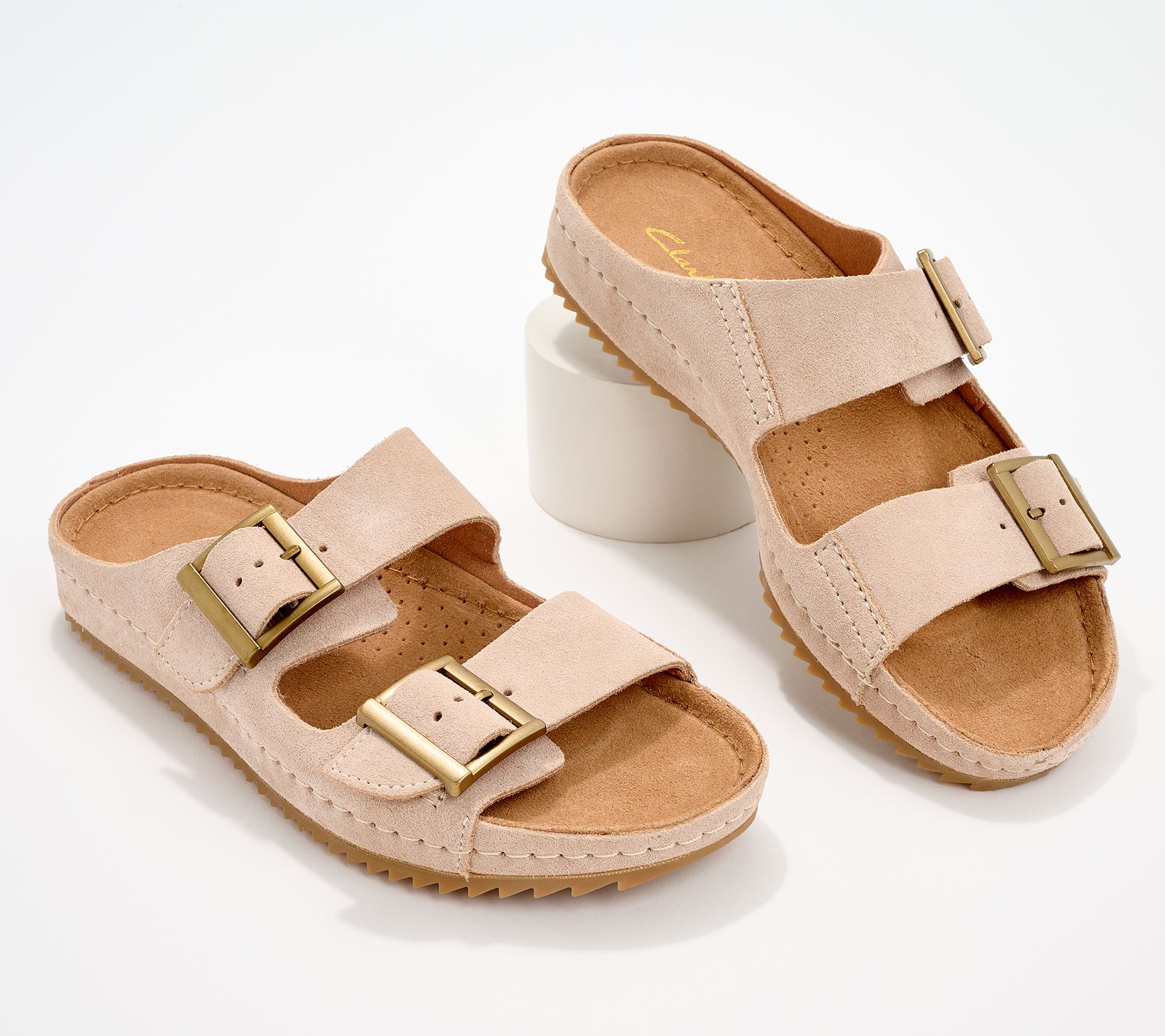 Clarks Leather Double Buckle Slide Sandals Brookleigh Sun QVC