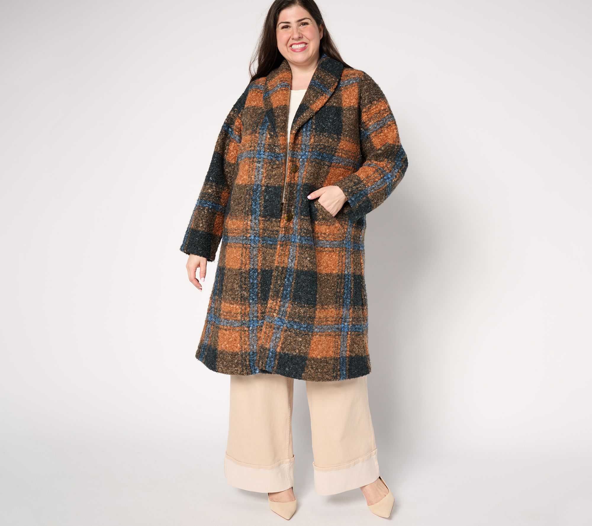 Joan Rivers Regular Plaid Curly Sherpa Shawl Collar Coat - QVC.com