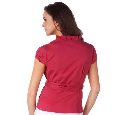 G.I.L.I. Cap Sleeve Wrap Top with Side Tie and Ruffle Collar - QVC.com