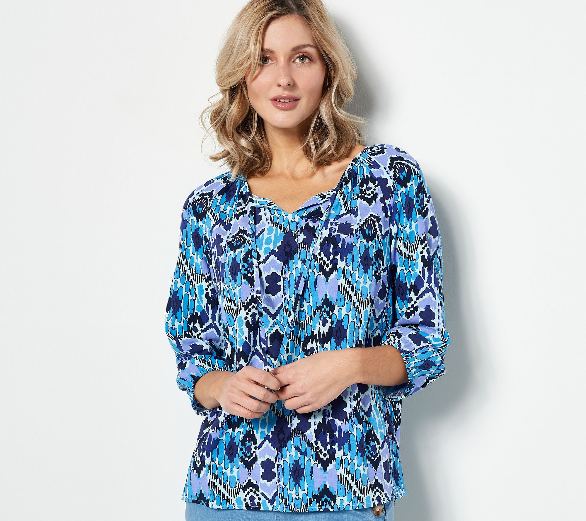 "As Is" Denim & Co. Printed Peasant Blouse with Shirring Detail - QVC.com