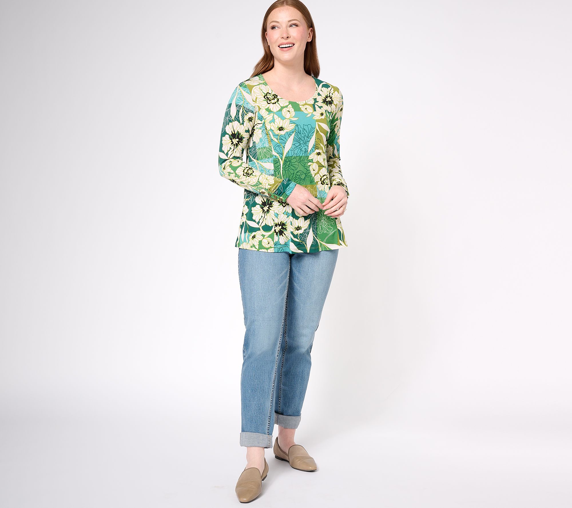 Susan Graver Printed Liquid Knit Long Sleeve Top With Button Detail