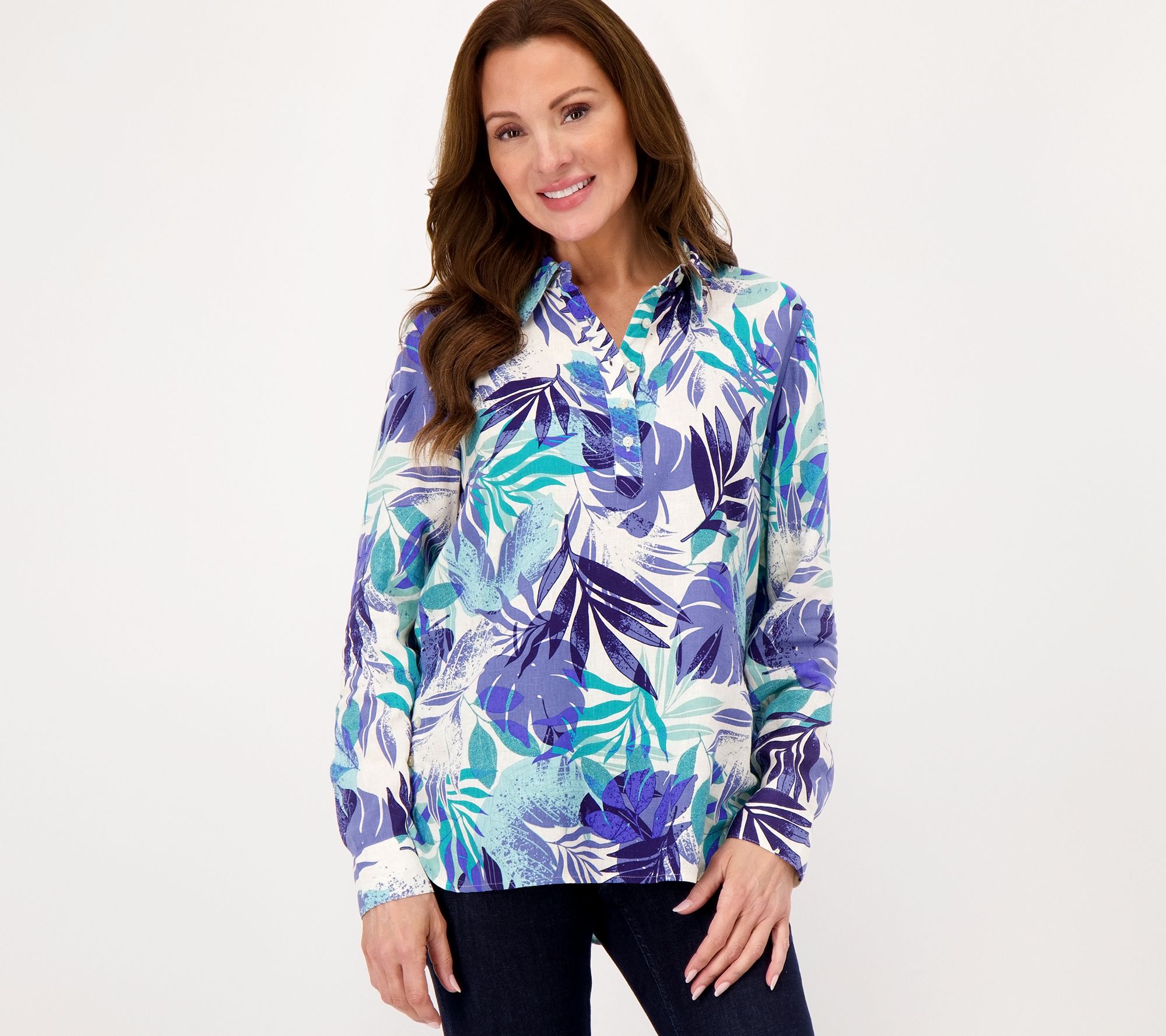 "As Is" Denim & Co. Naturals Linen Blend Side Button Shirt - QVC.com