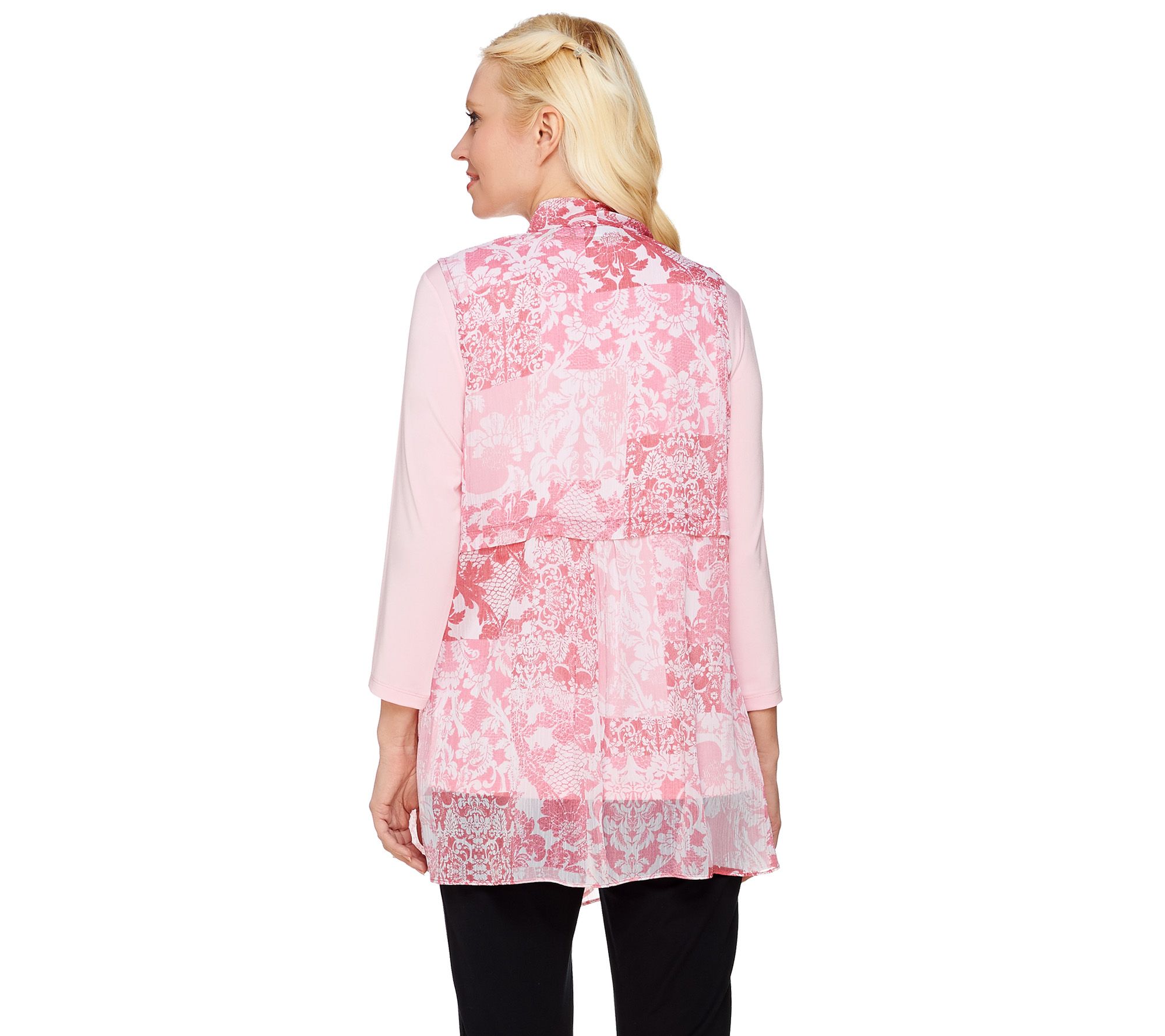 Susan Graver Printed Crinkle Chiffon Vest With Liquid Knit Top