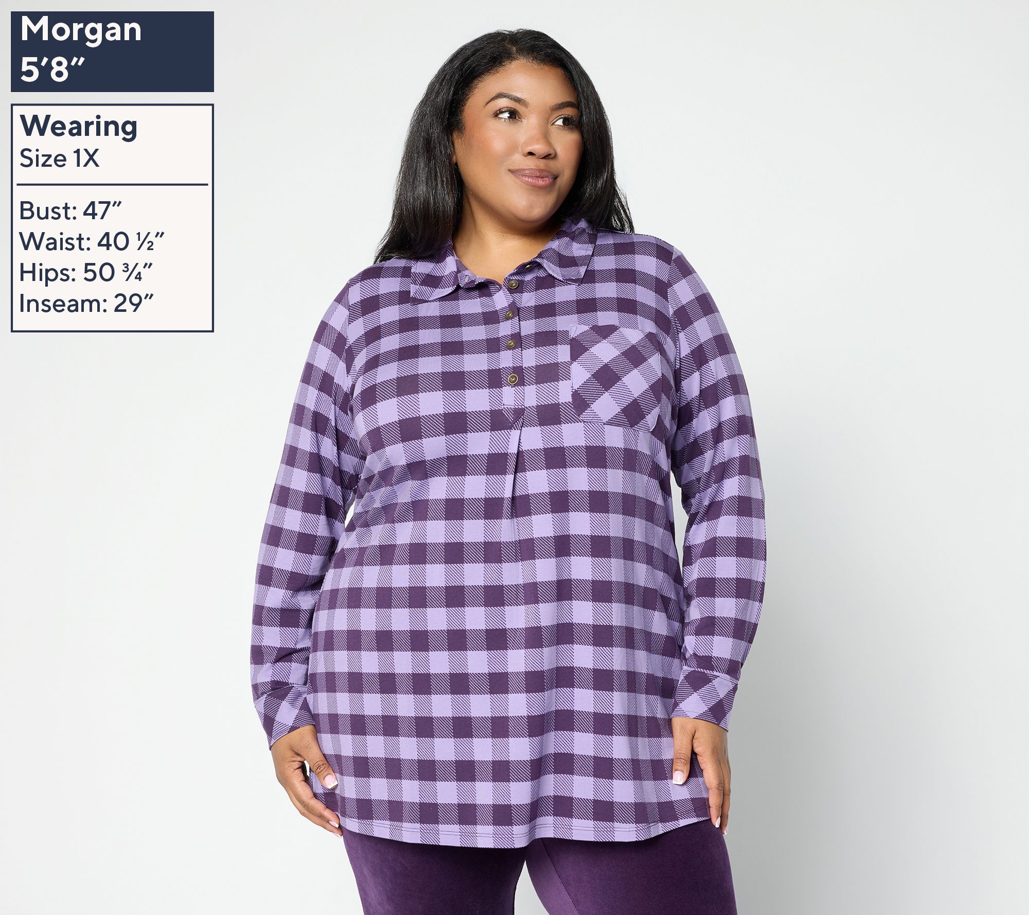Denim & Co. Regular Buffalo Check So Soft Jersey Henley Tunic - QVC.com