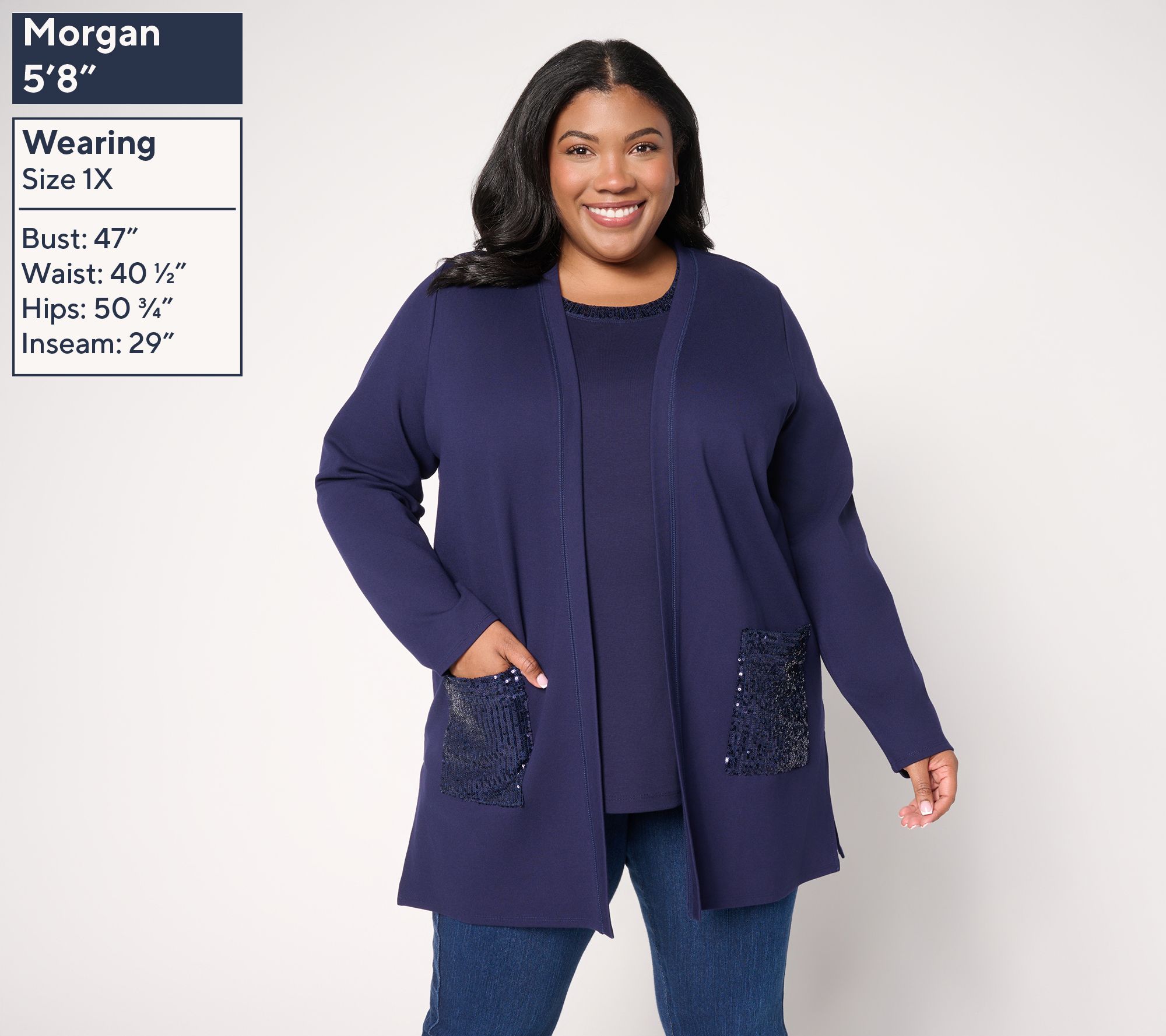 Belle by Kim Gravel Sequin Pocket Ponte Duster Cardigan - QVC.com