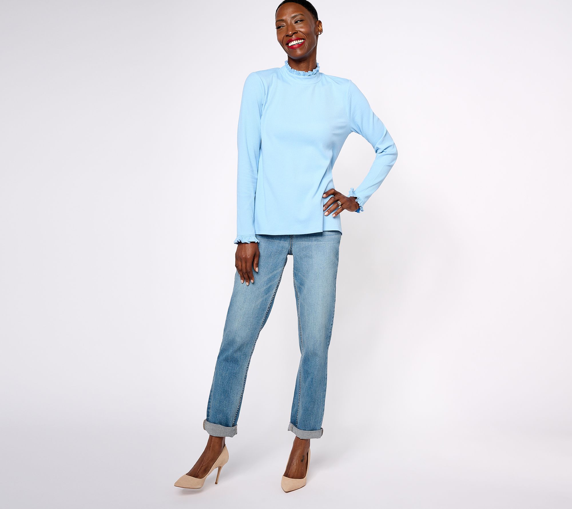 "As Is" Isaac Mizrahi Live! Long Sleeve Mock Neck Top with Ruffle - QVC.com