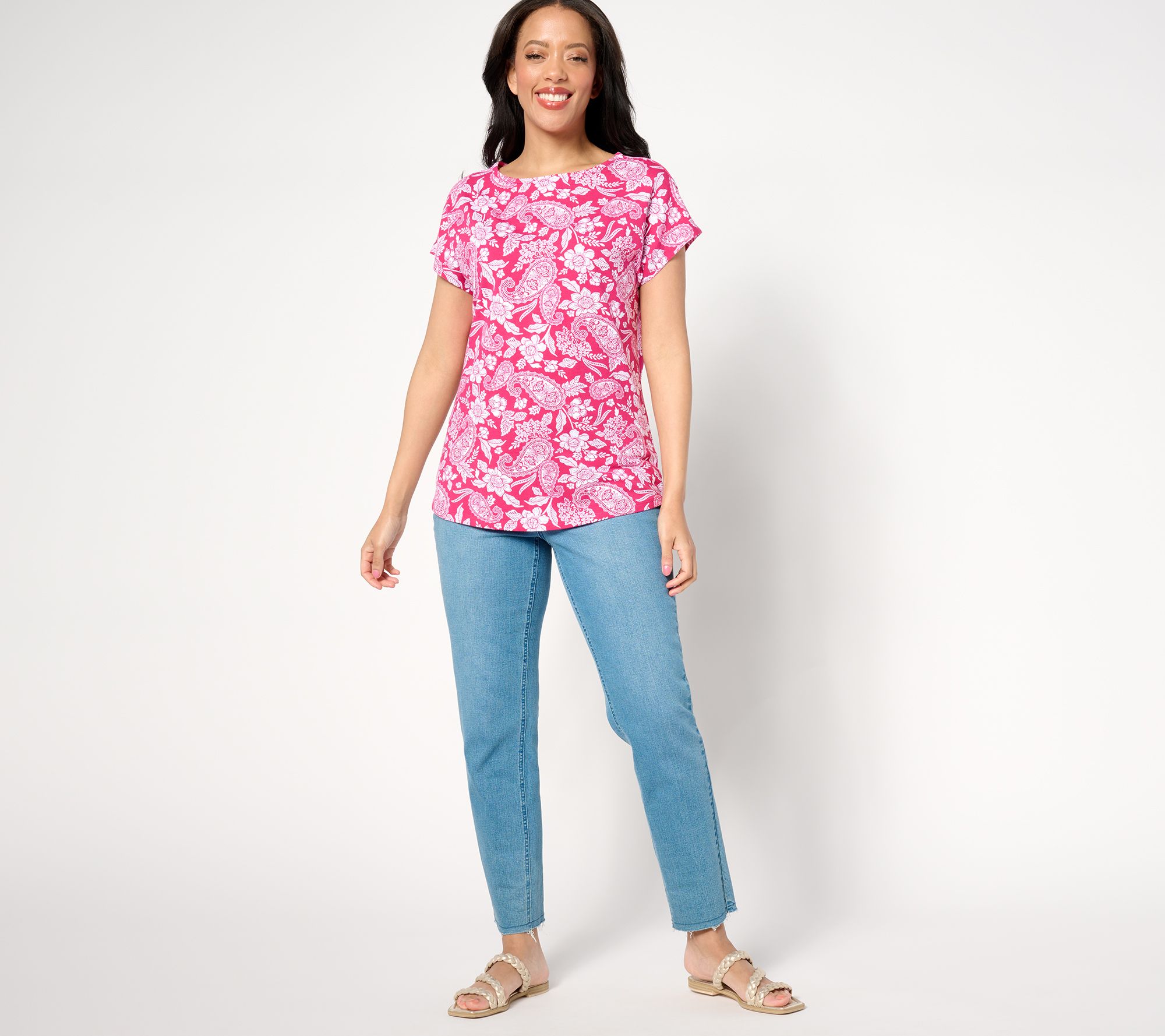 "As Is" Denim & Co. Printed Favorite Jersey Boat Neck Dolman Cap Top ...