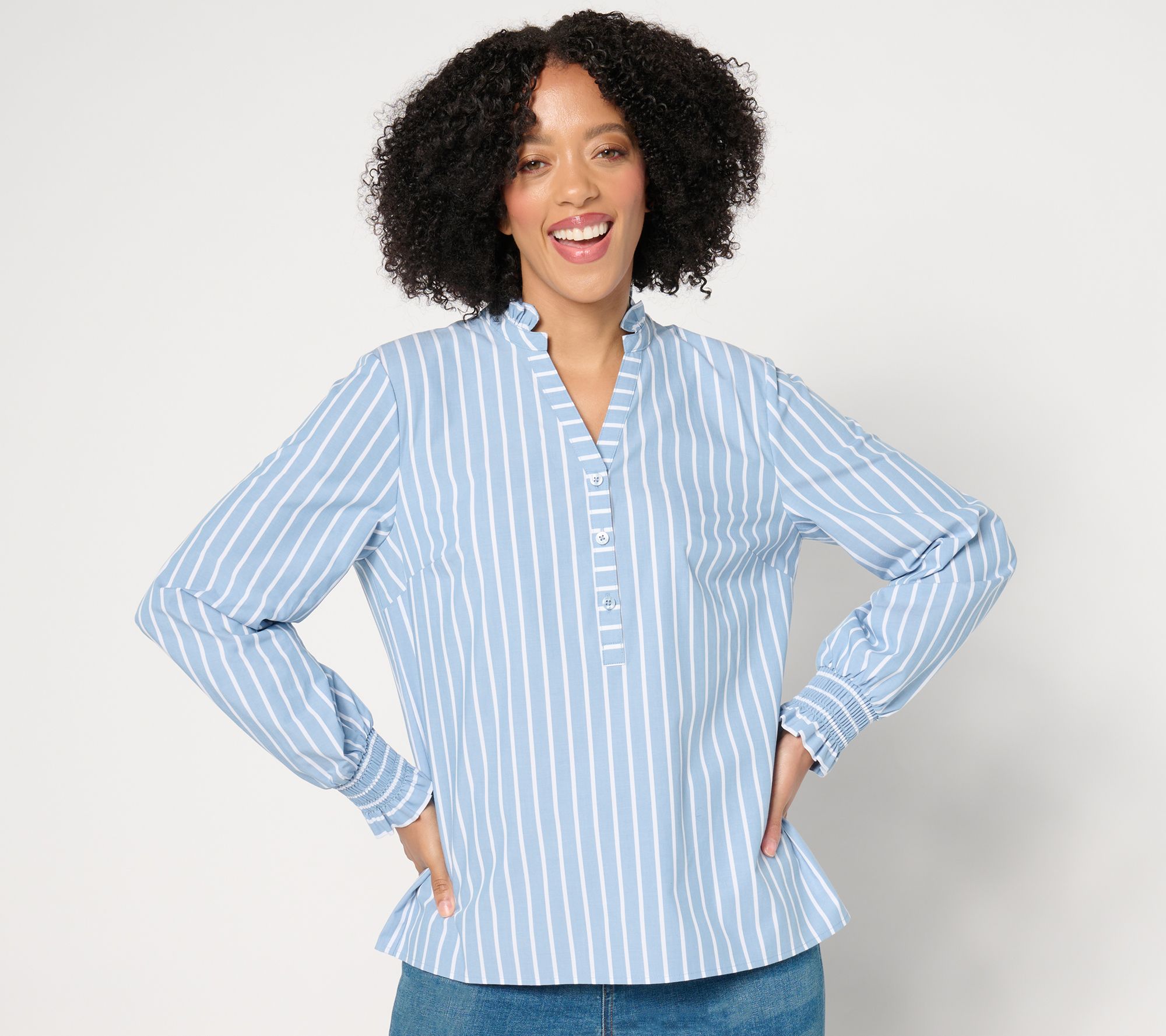 "As Is" Studio Park x Amy Stran Ruffle Collar Smocked Cuff Shirt - QVC.com