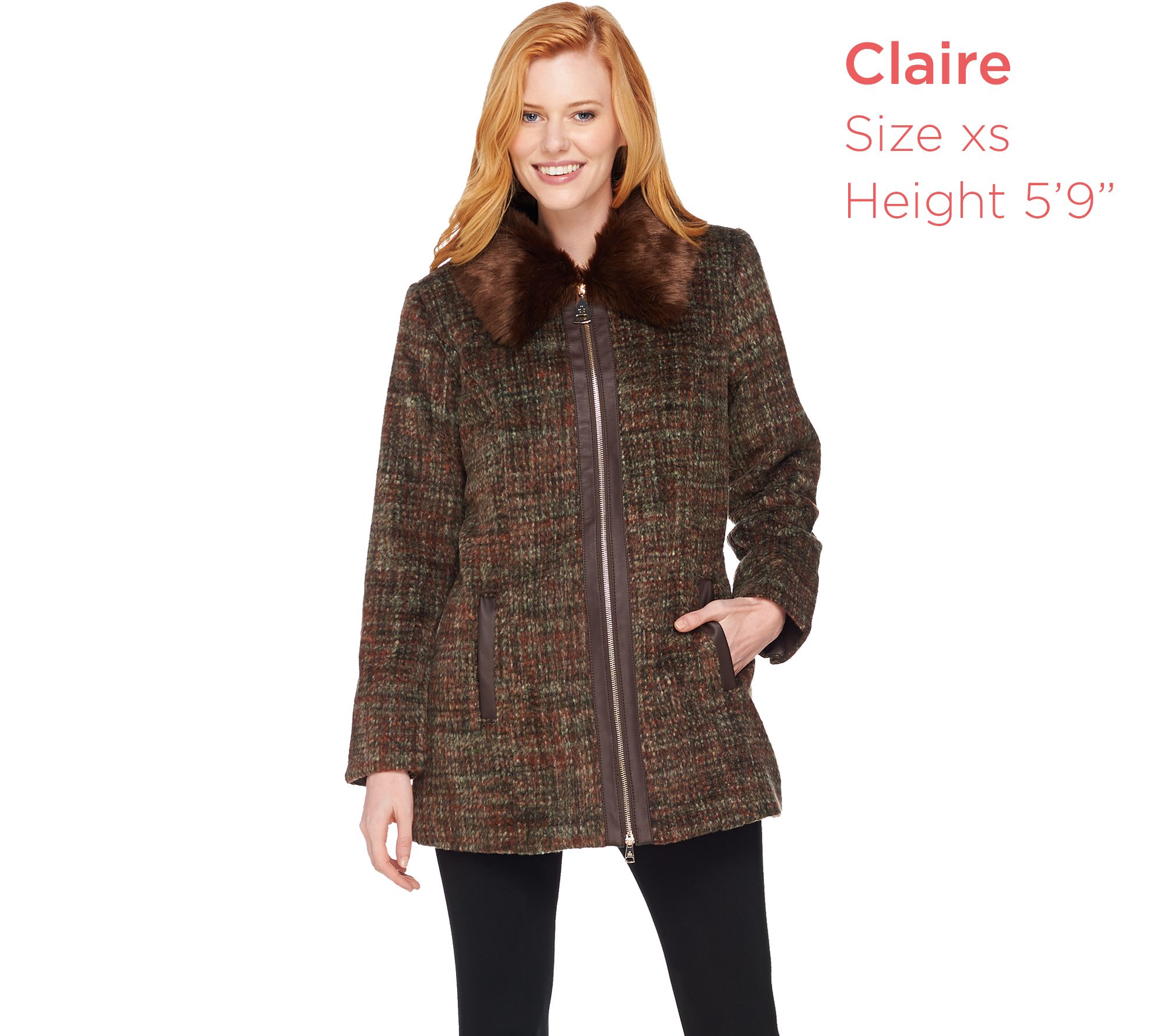 Dennis Basso Zip Front Tweed Coat With Faux Fur Collar