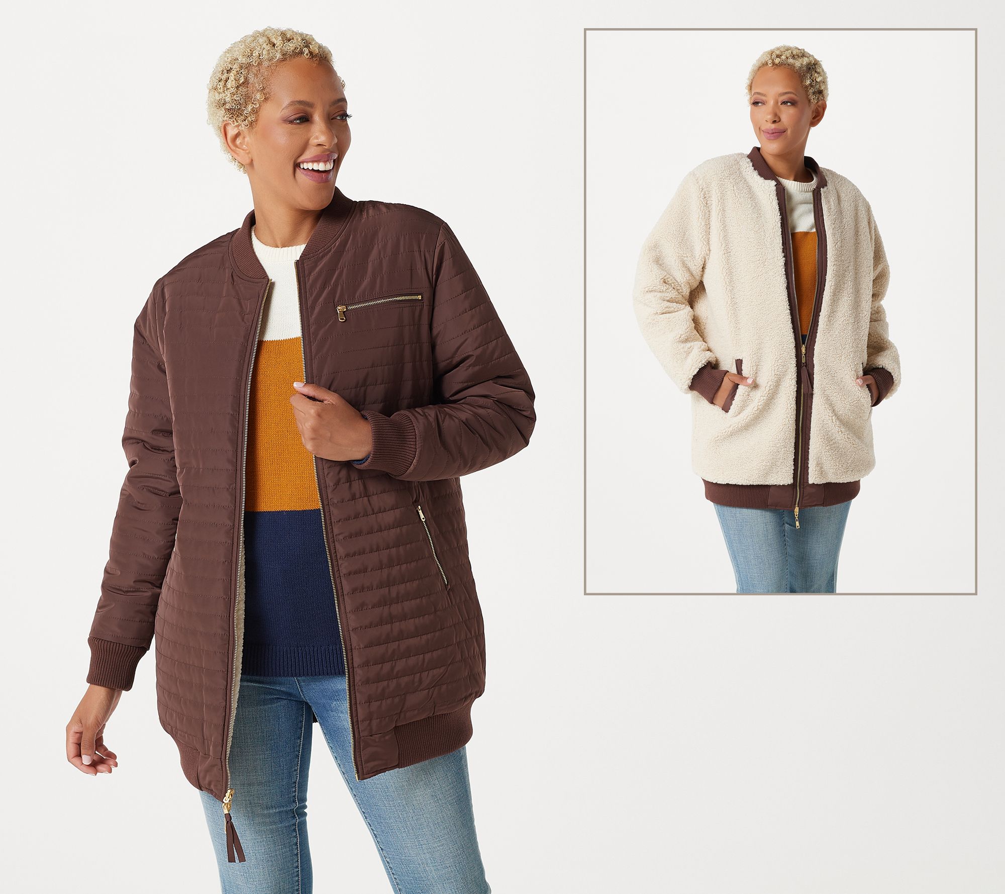 "As Is" zuda Reversible Zip Front Long Bomber Jacket - QVC.com