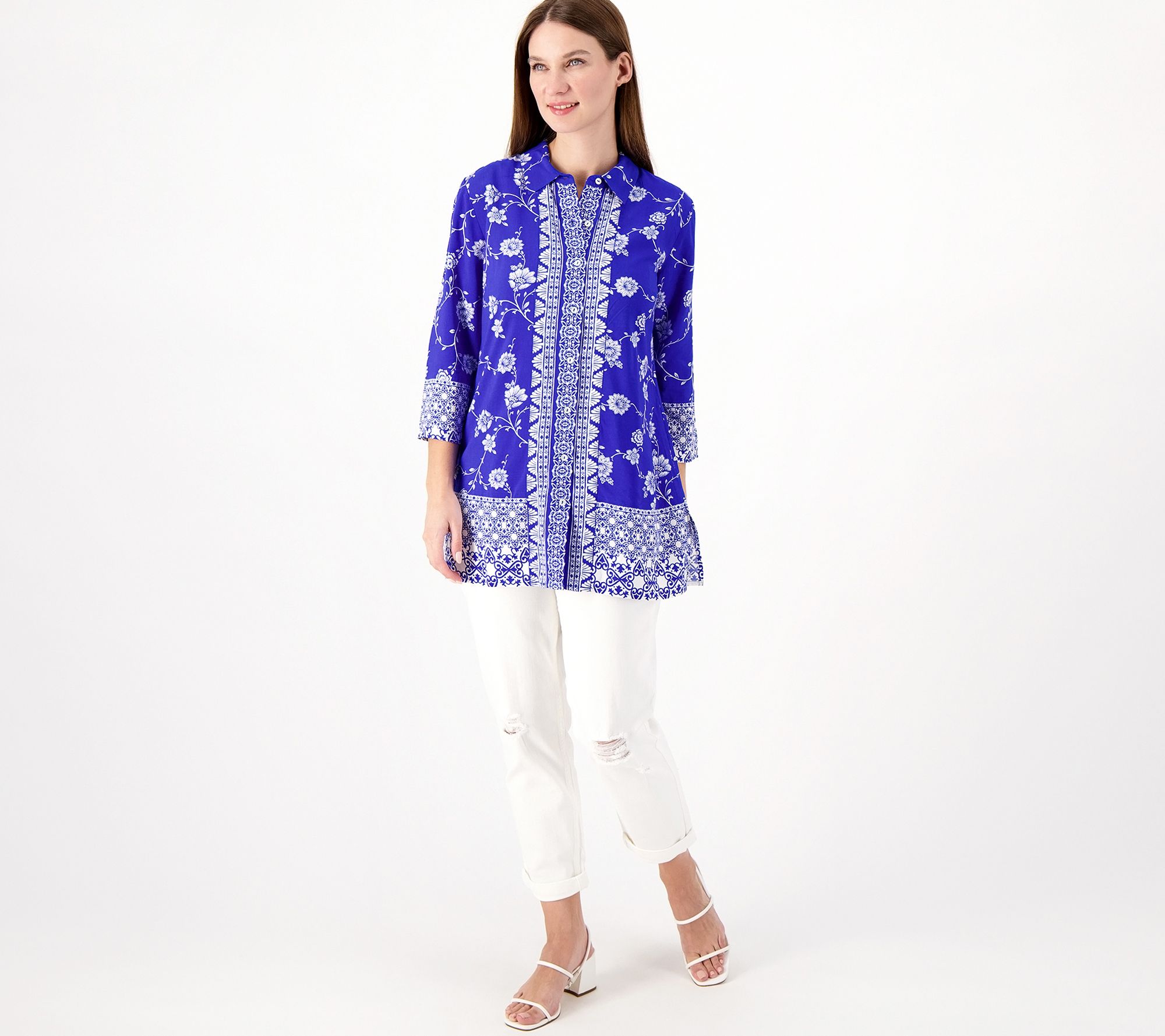 Susan Graver Passport Reg Printed Rayon Woven 3/4- Sleeve Duster - QVC.com
