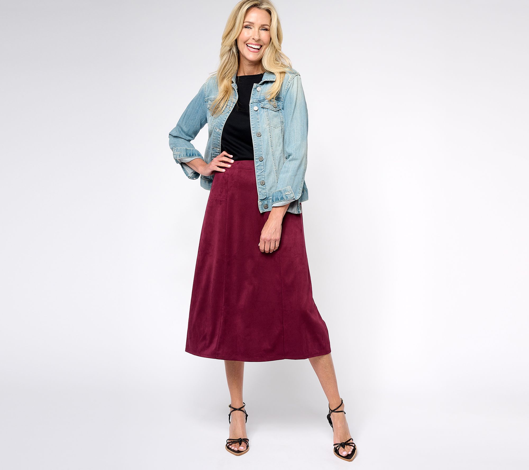 "As Is" Susan Graver Petite Knit Faux Suede Paneled Midi Skirt - QVC.com