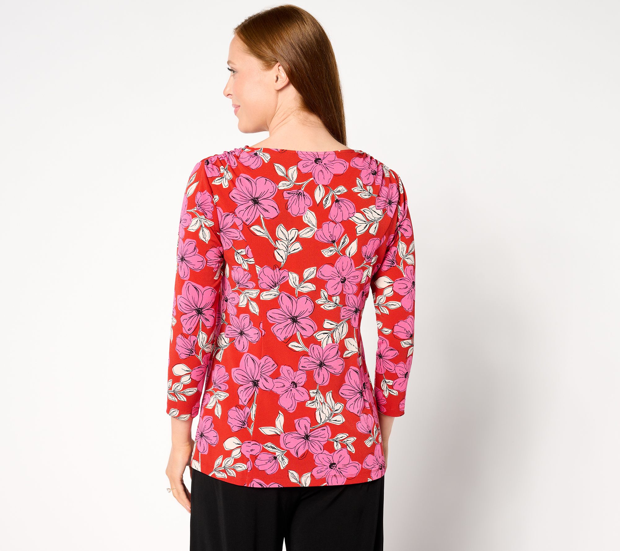 Susan Graver Printed Textured Liquid Knit 3 4 Sleeve Fit And Flare Top