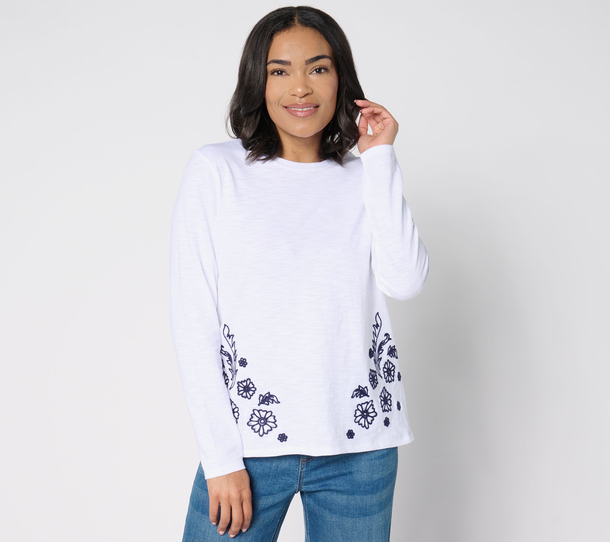 "As Is" Studio Park x Amy Stran Long Slv Embroidered T-Shirt - QVC.com