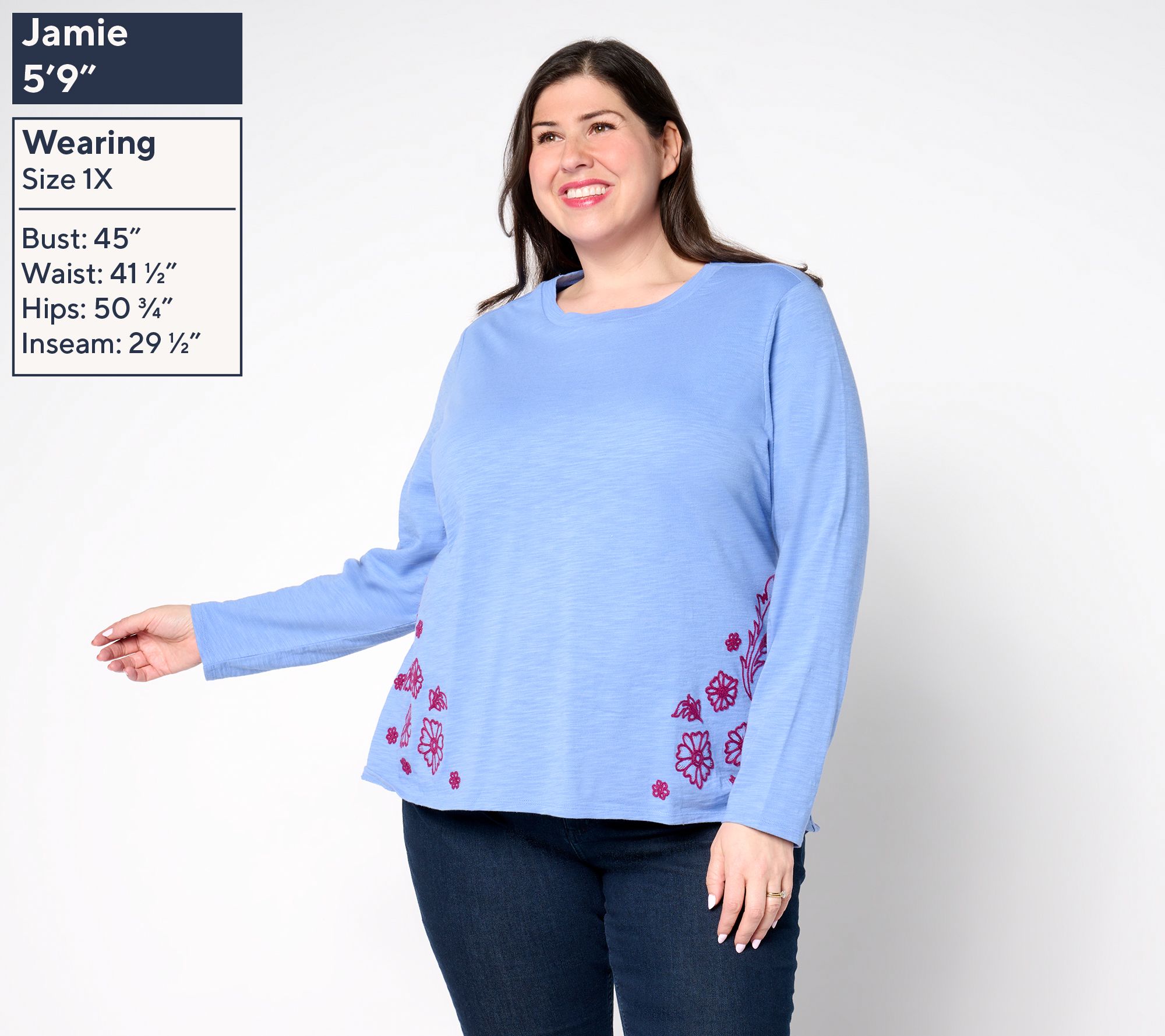 "As Is" Studio Park x Amy Stran Long Slv Embroidered T-Shirt - QVC.com