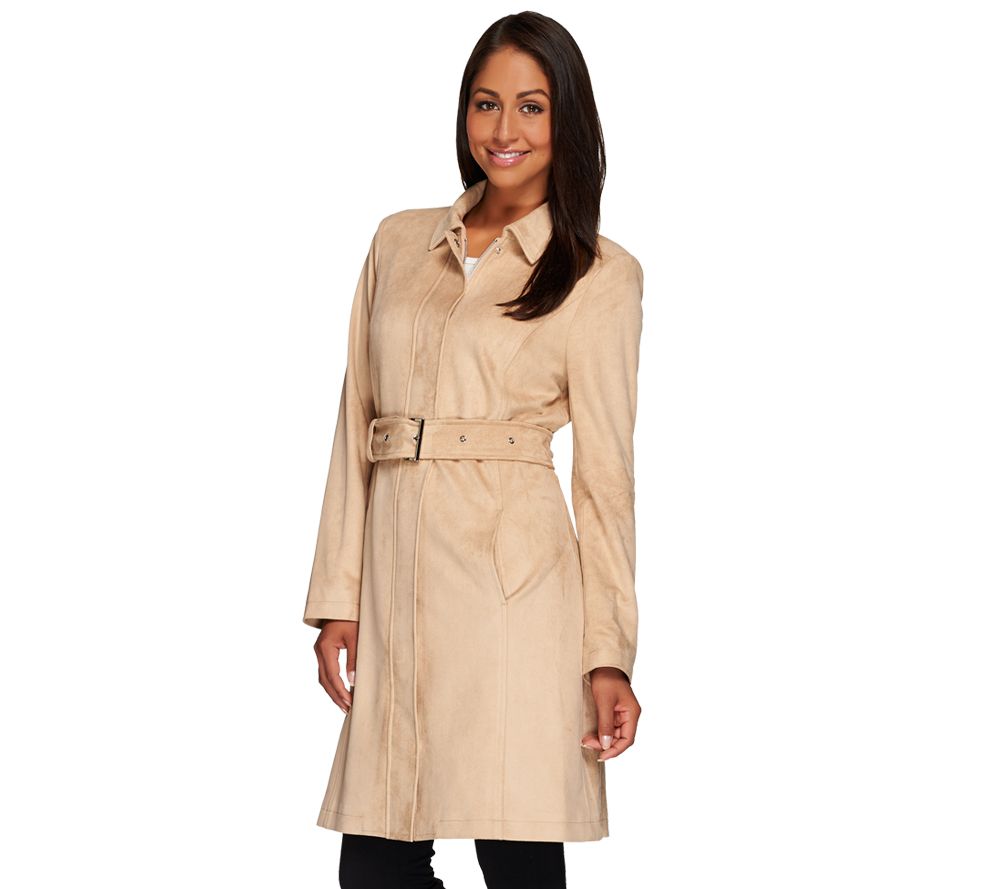"As Is" H by Halston Faux Suede Zip Front Trench Coat with Belt - QVC.com