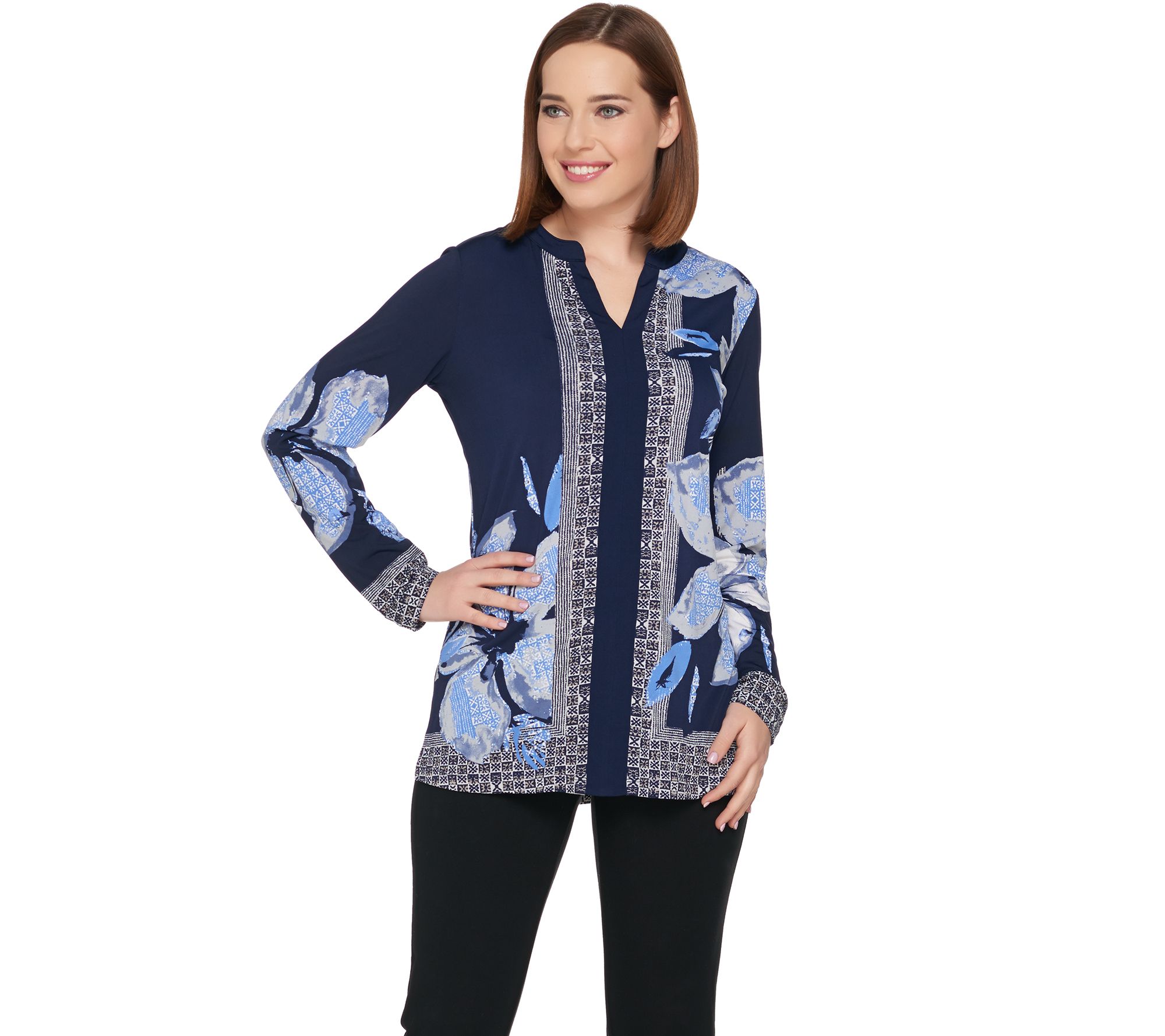 Susan Graver Printed Liquid Knit Long Sleeve Tunic