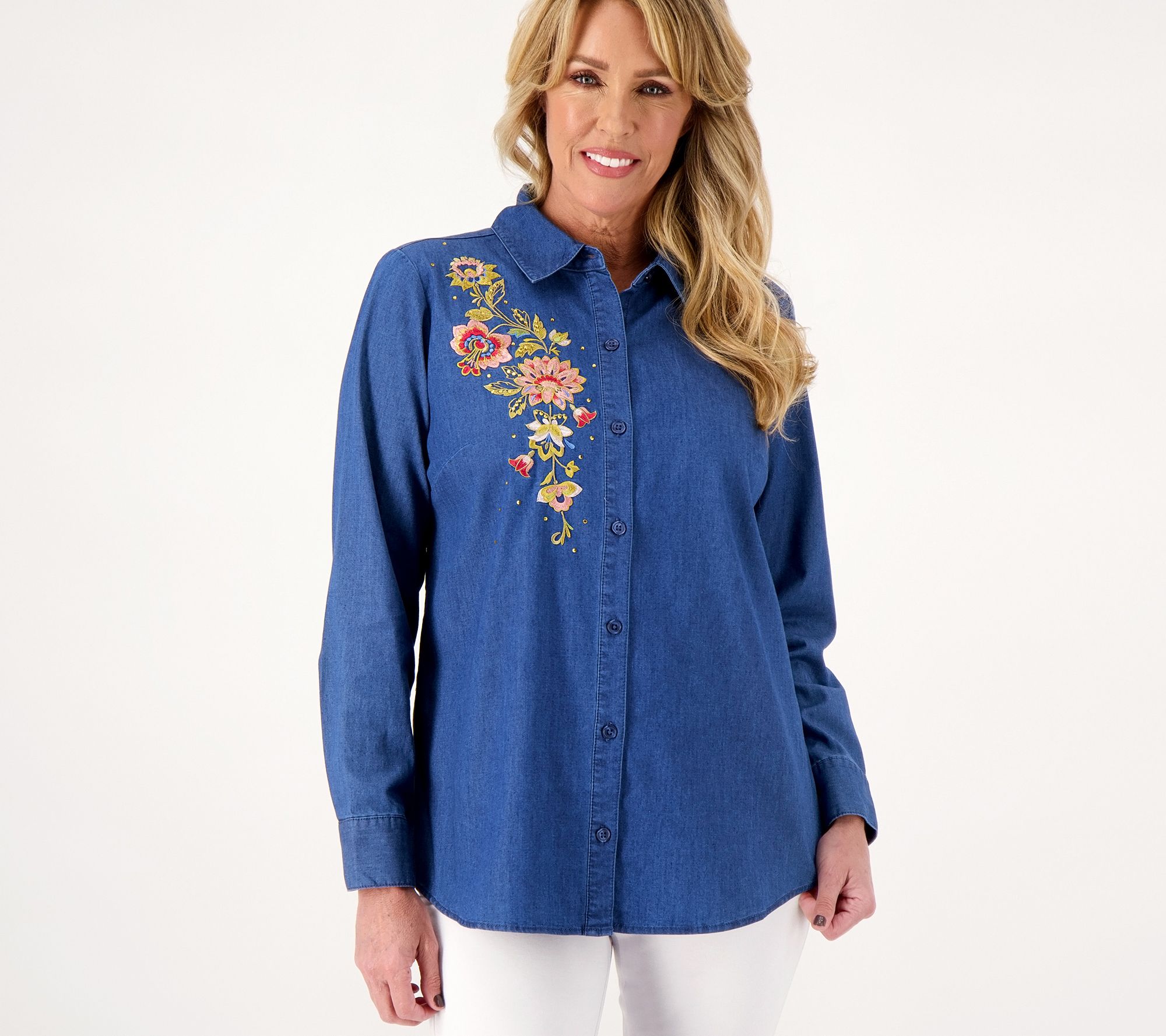 "As Is" Quacker Factory Floral Embroidered Button Front Denim Shirt ...