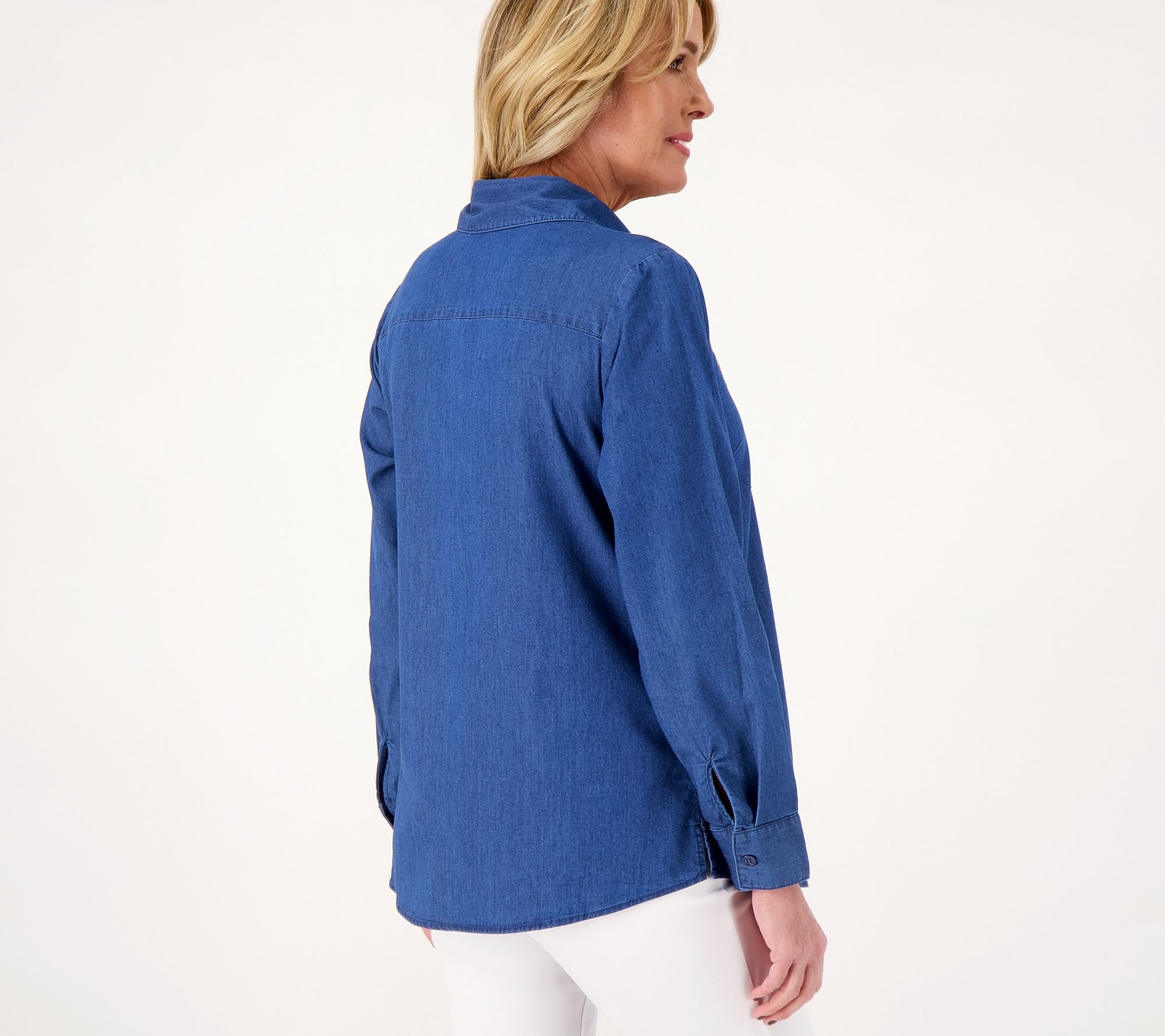 "As Is" Quacker Factory Floral Embroidered Button Front Denim Shirt ...