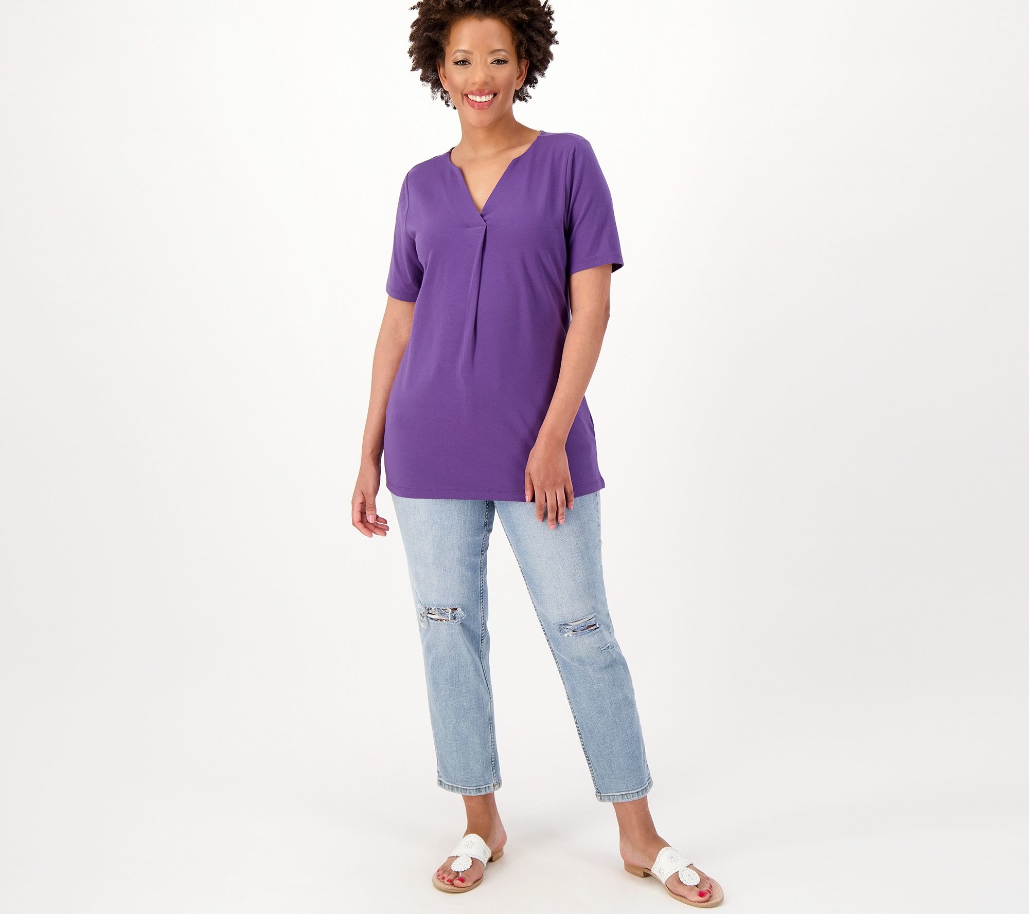 "As Is" Denim & Co. Perfect Jersey Pleated Split V-Neck SS Tunic - QVC.com