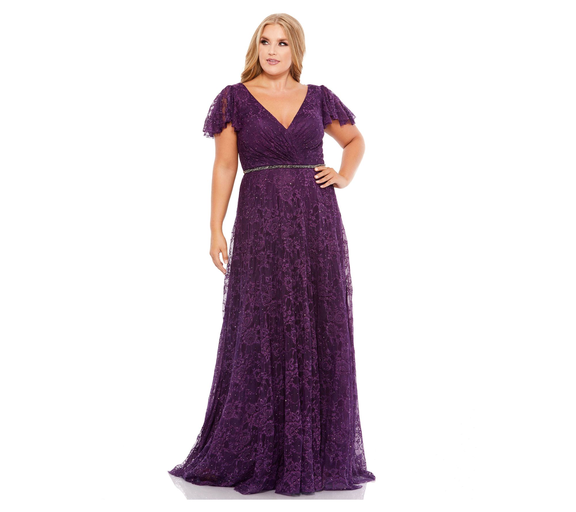 67761 -Aubergin e - Lace Wrap O ver Flutter Sle eve A Line Gown - QVC.com