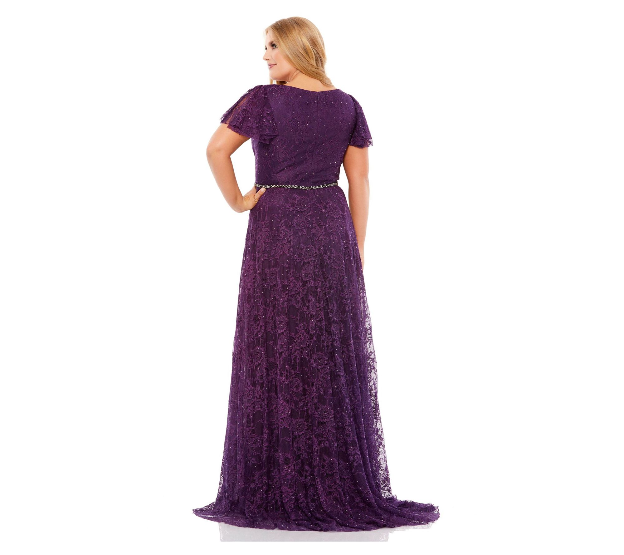 67761 -Aubergin e - Lace Wrap O ver Flutter Sle eve A Line Gown - QVC.com