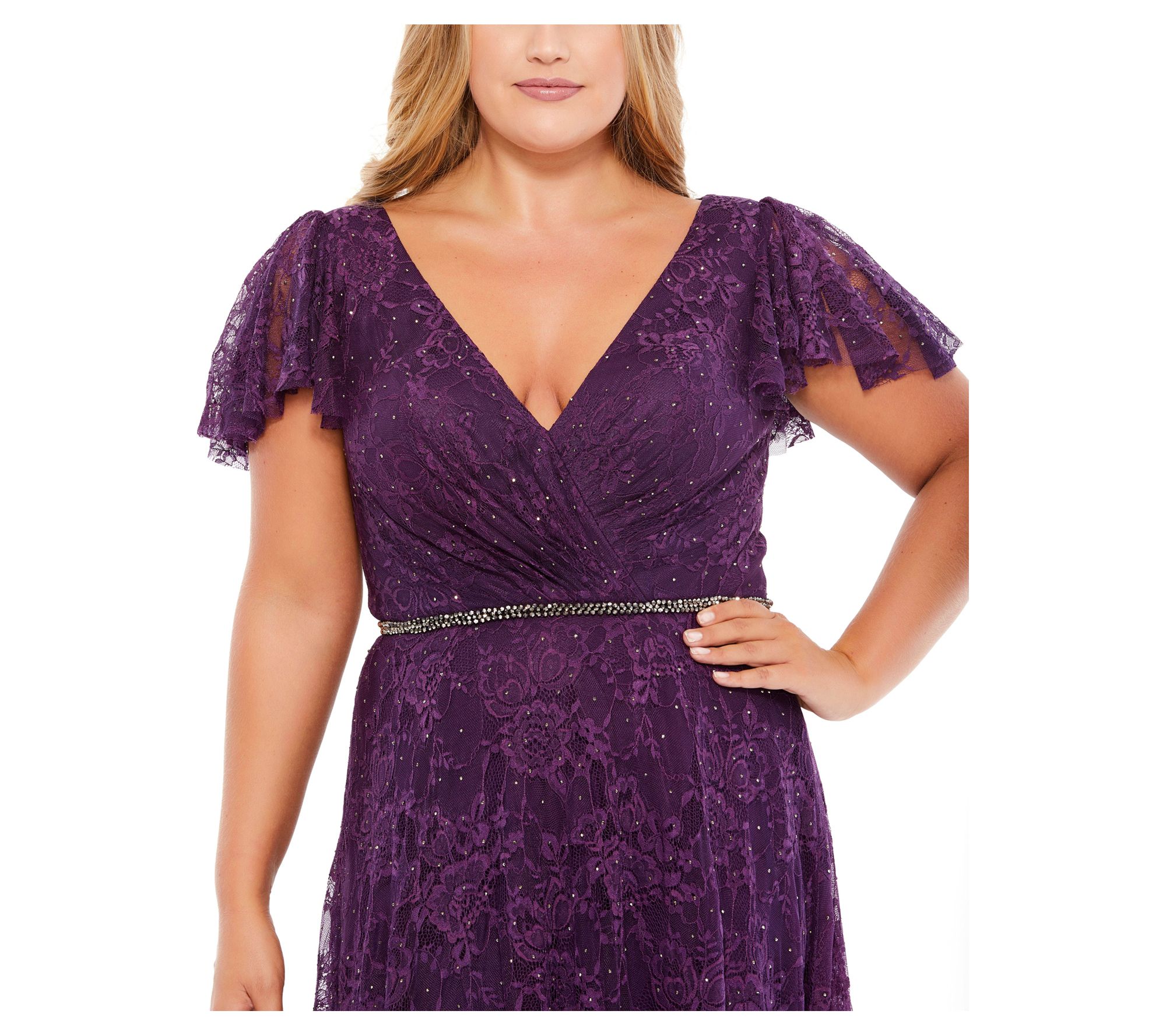 67761 -Aubergin e - Lace Wrap O ver Flutter Sle eve A Line Gown - QVC.com