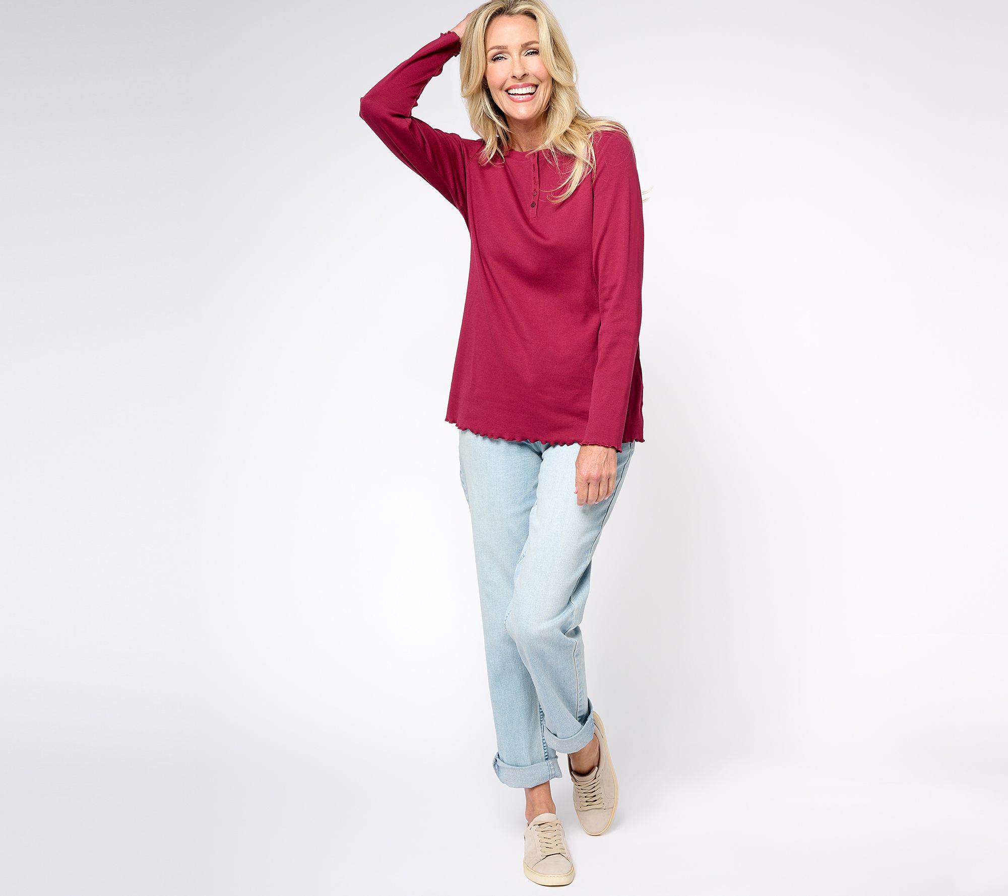"As Is" Isaac Mizrah Live! Essentials Pima Cotton Rib Long Sleeve Top ...