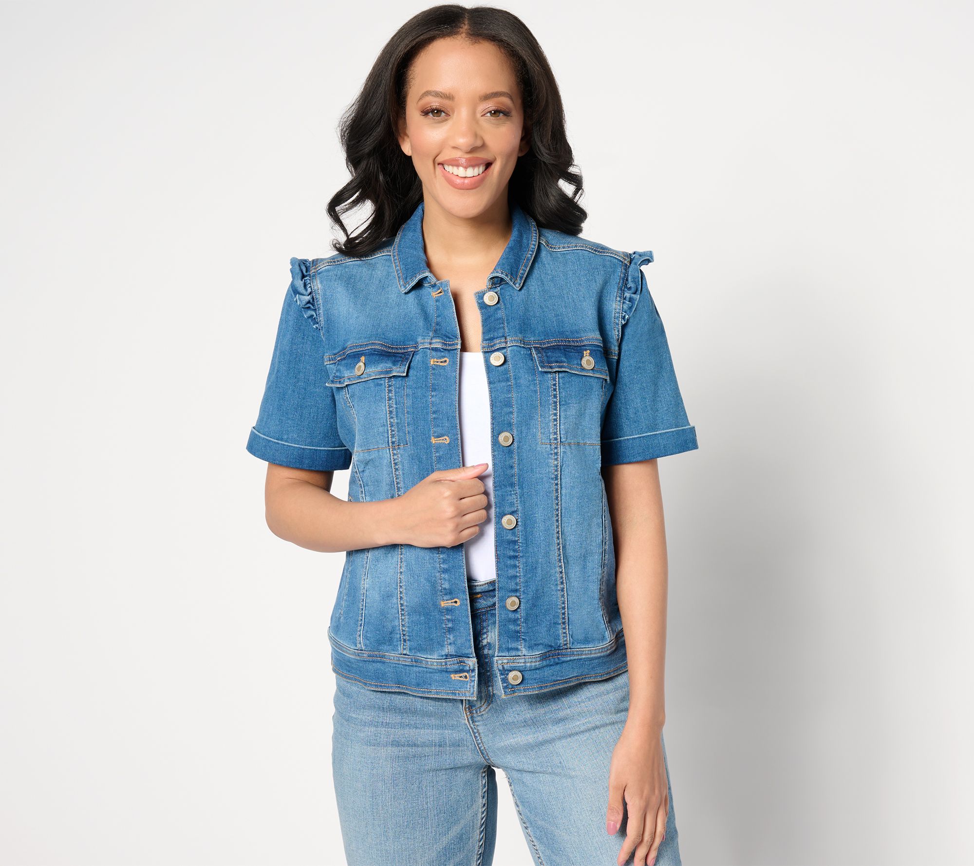 "As Is" AnyBody Short Sleeve Denim Jacket - QVC.com