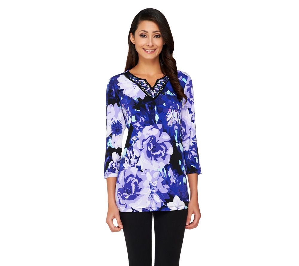 Susan Graver Printed Liquid Knit Split V Neck Top W Embellishment