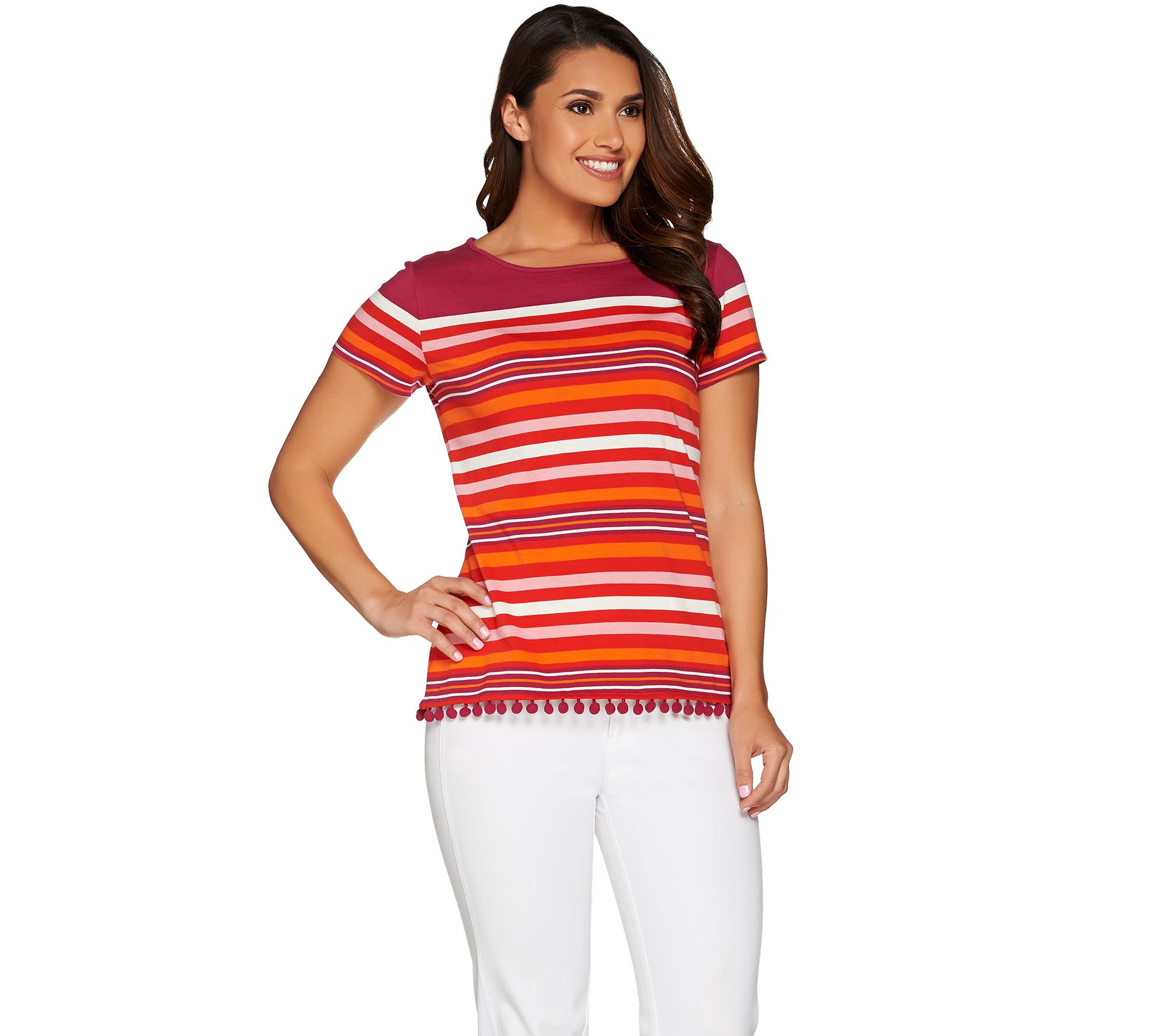 C. Wonder Engineered Stripe Short Sleeve Top with Pom Pom Trim - QVC.com