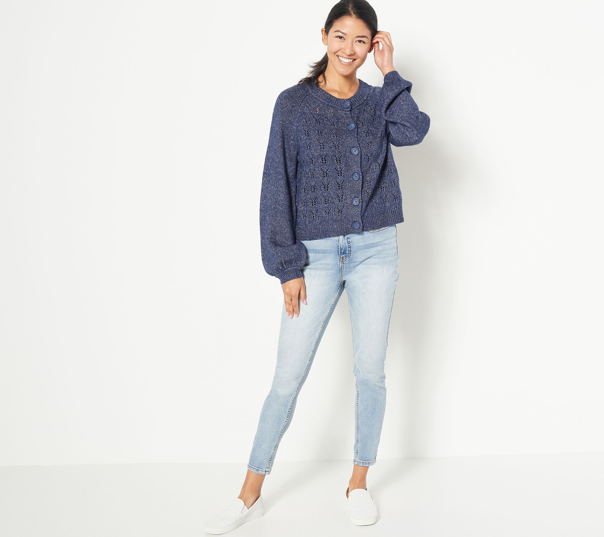 "As Is" Candace Cameron Bure Pointelle Sweater with Novelty Button ...