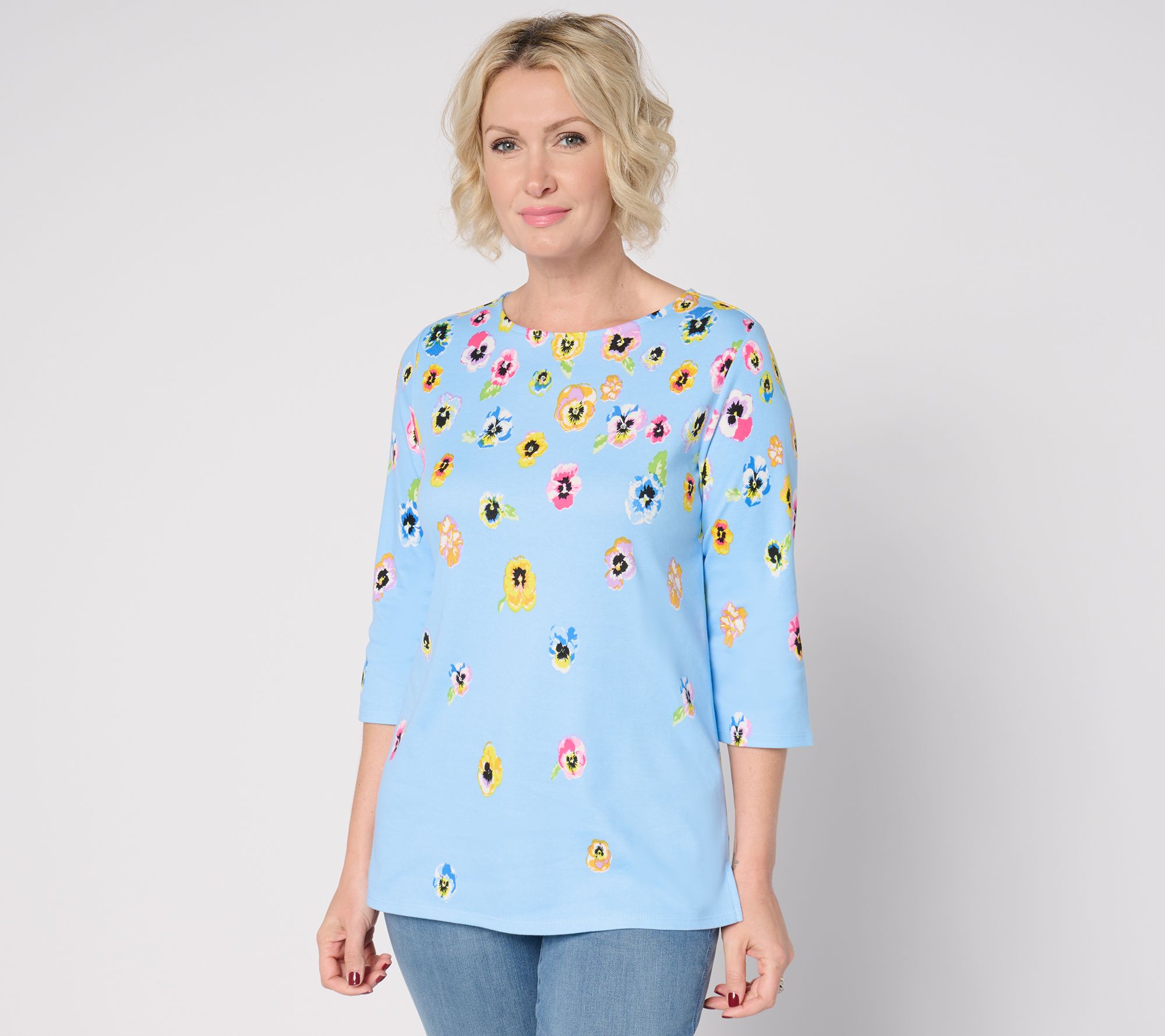 "As Is" Quacker Factory Pretty Pansies Printed 3/4 Sleeve Top - QVC.com