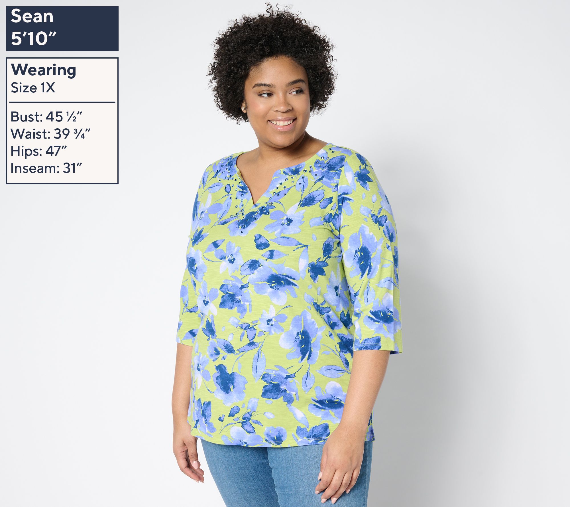 "As Is" Quacker Factory Something Blue Embellished Printed Top - QVC.com
