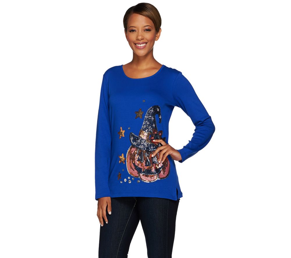 Quacker Factory Witching Hour Sequin and Beaded Long Sleeve T-Shirt ...