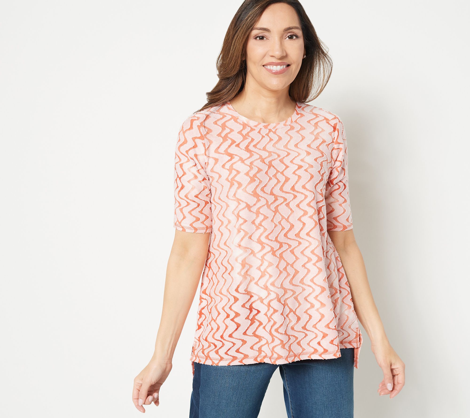 "As Is" LOGO by Lori Goldstein Knit Jacquard Hi-Low Hem Top - QVC.com