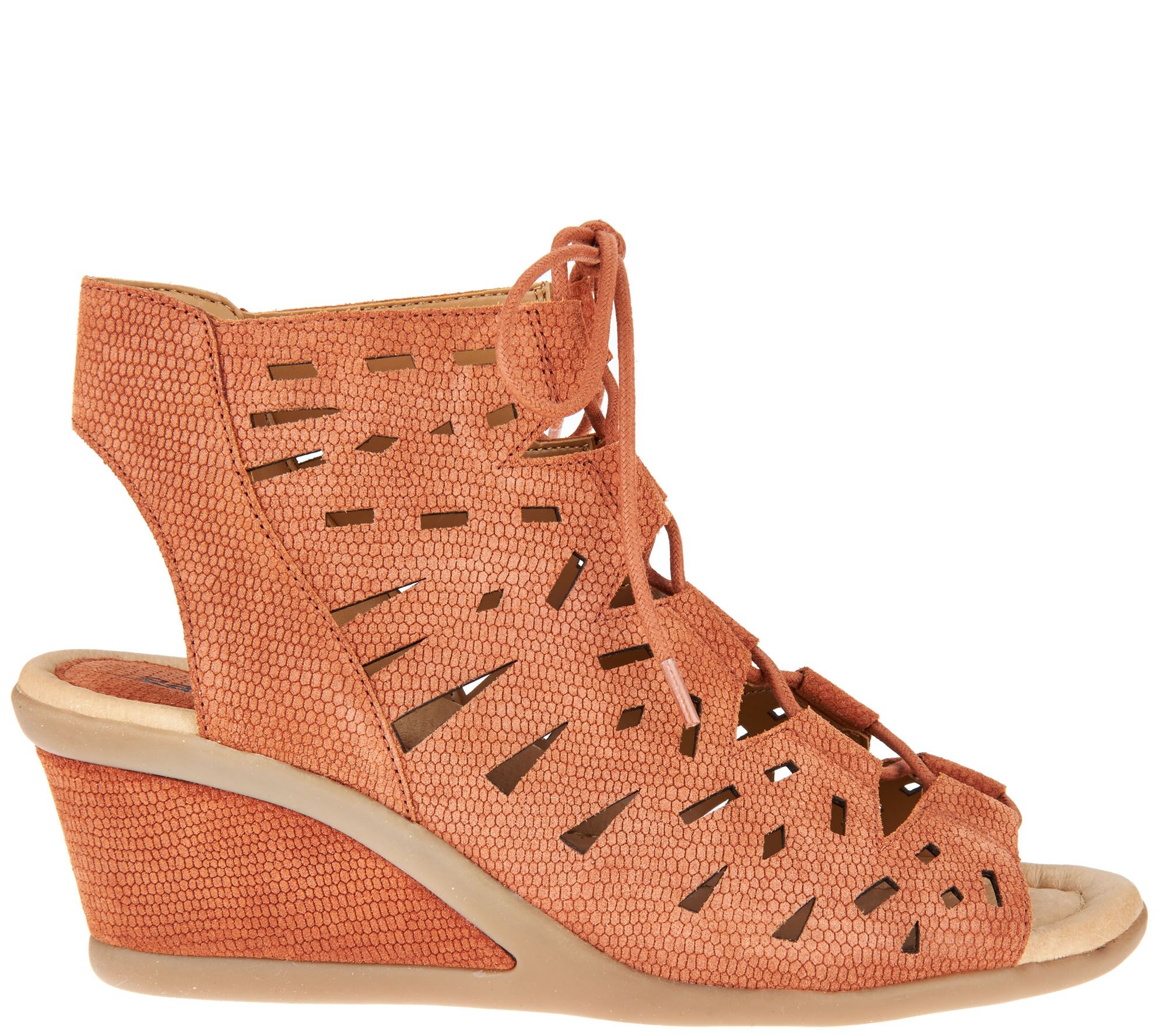 Earth Nubuck Leather Lace-up Wedge Sandals - Daylily - QVC.com