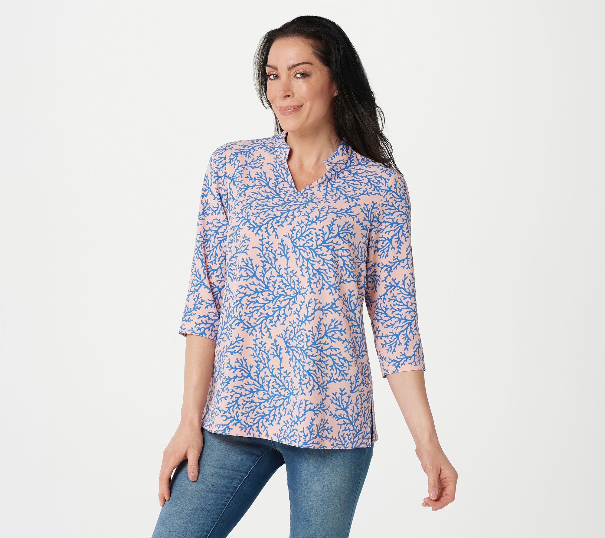 "As Is" Denim & Co. Printed V-Neck 3/4- Sleeve Tunic - QVC.com